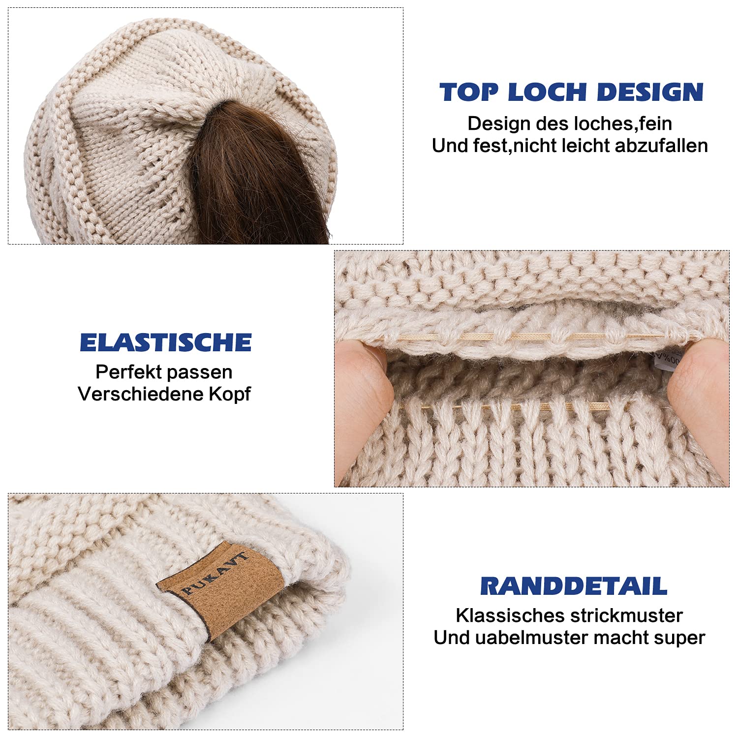 Pukavt 2 Pack Winter Ponytail Beanie Hat for Women,Soft Stretch Cable Knit Messy Bun Beeanie,Trendy and Warm Beige/Black