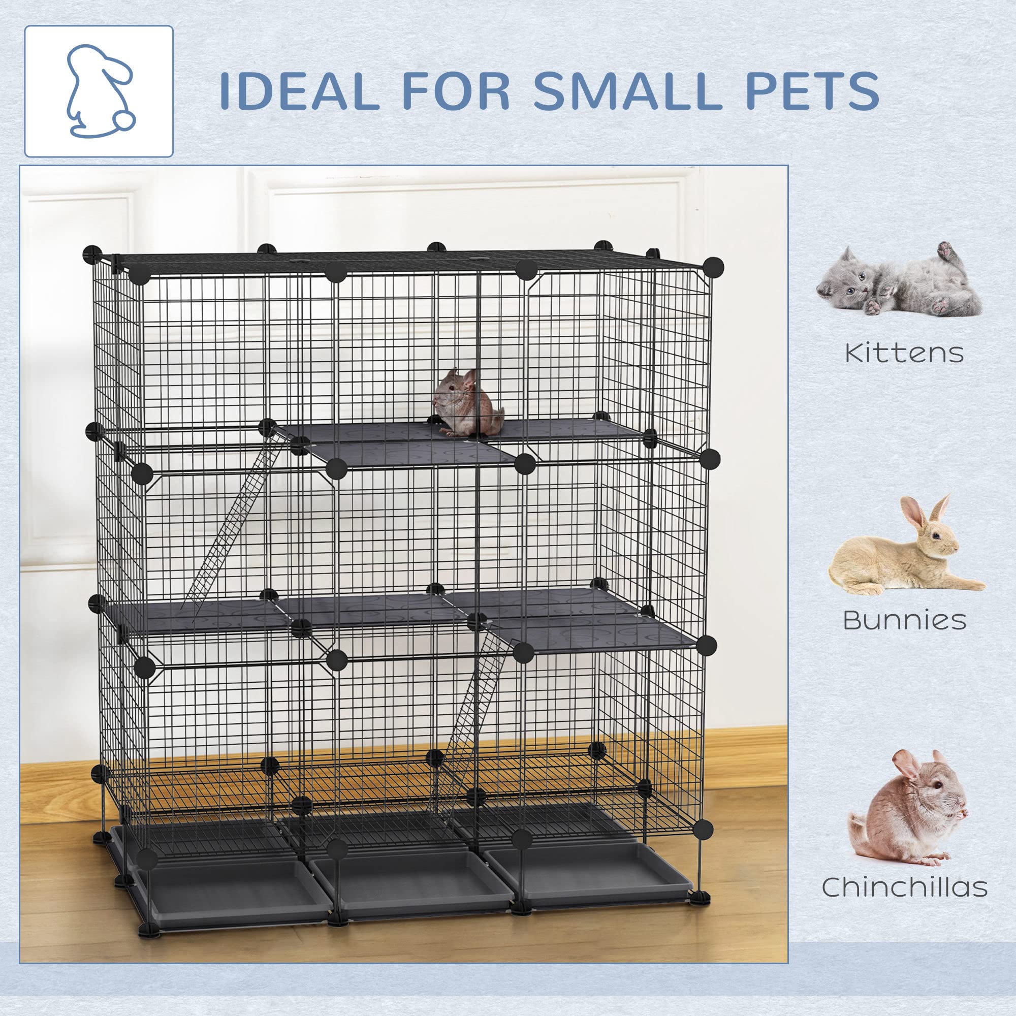 PawHut Small Animal Playpen C&C Cage Wire Bunny Pen for Kitten, Chinchillas, with Doors, Ramps and Trays, Black