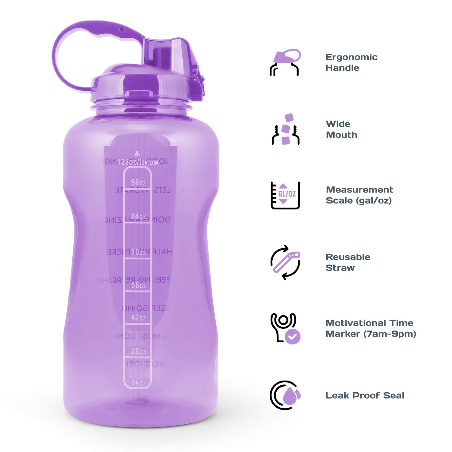 Myth Motivational Gallon Water Bottle with Straw - 1 Gallon Water Bottle with Time Marker - BPA Free Water Bottle - Light Purple