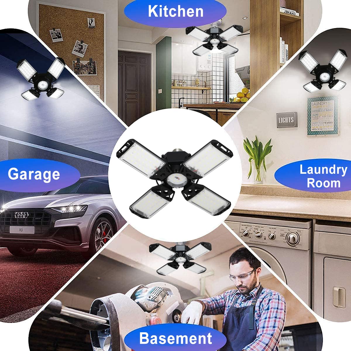 QiyuanLS 2 Pack 60W LED Garage Lights, Deformable Garage Light with 3 Adjustable Wings, 6000LM, E26 LED Shop Light, Barn Light, High Bay Light, Ceiling Lighting Fixture for Warehouse
