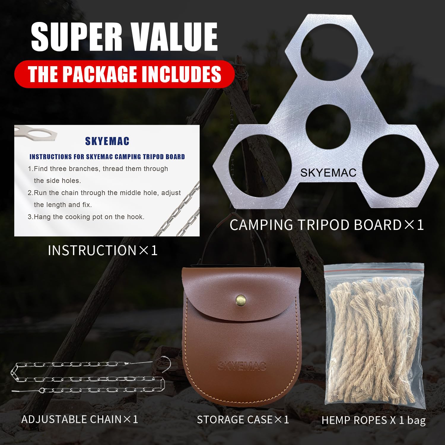 SKYEMAC Camping Tripod Board for Outdoor Cooking - Turn Branches into Campfire Tripod with Adjustable Chain Portable Camp Grill Accessories Stainless Steel for Backpacking Picnic Hiking