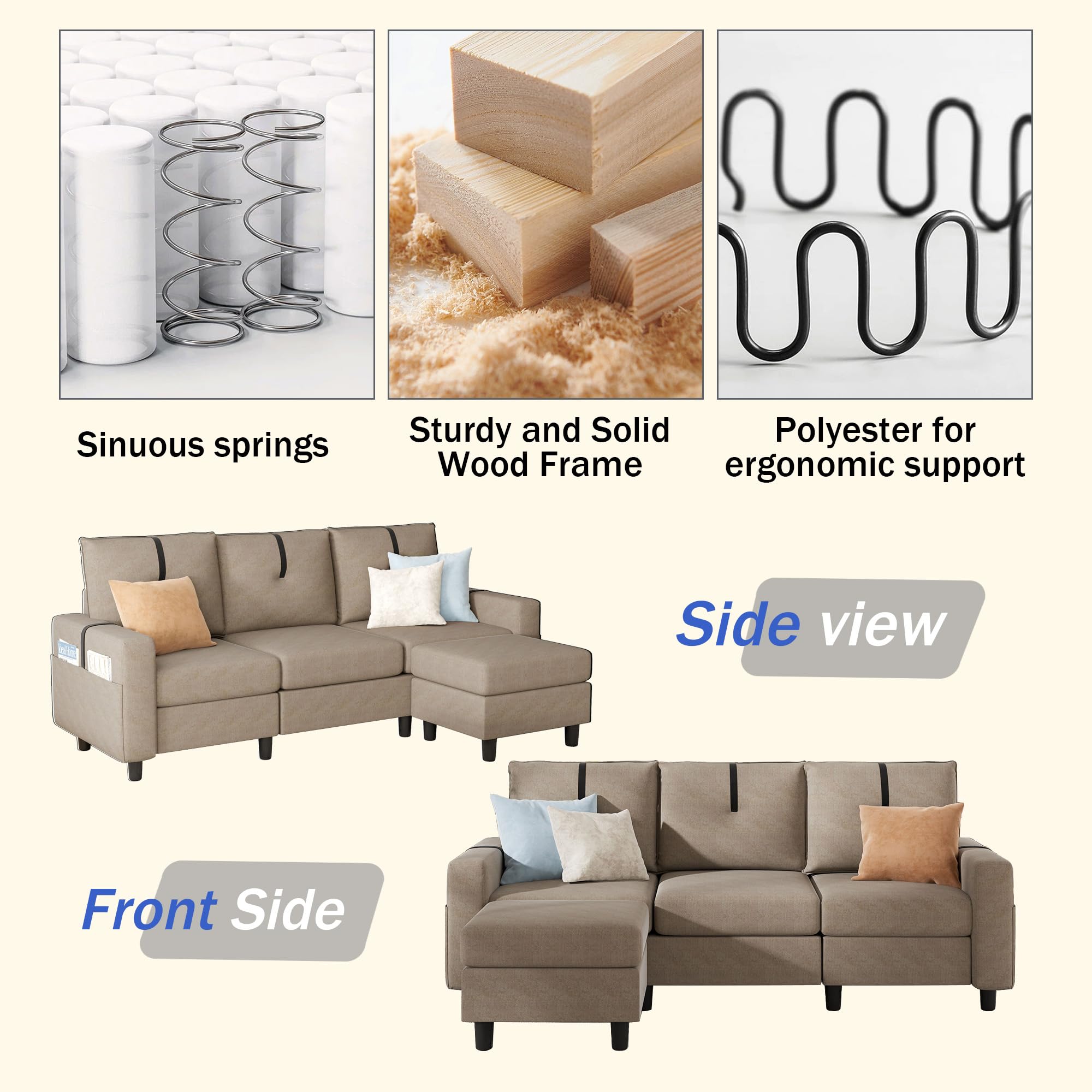 Pingliang Home 80" Sectional Sofas for Living Room, 3 Seat L Shaped Couch with Reversible Ottoman, Modern Linen Fabric Small Sectional Couch for Apartment Small Space, Light Grey