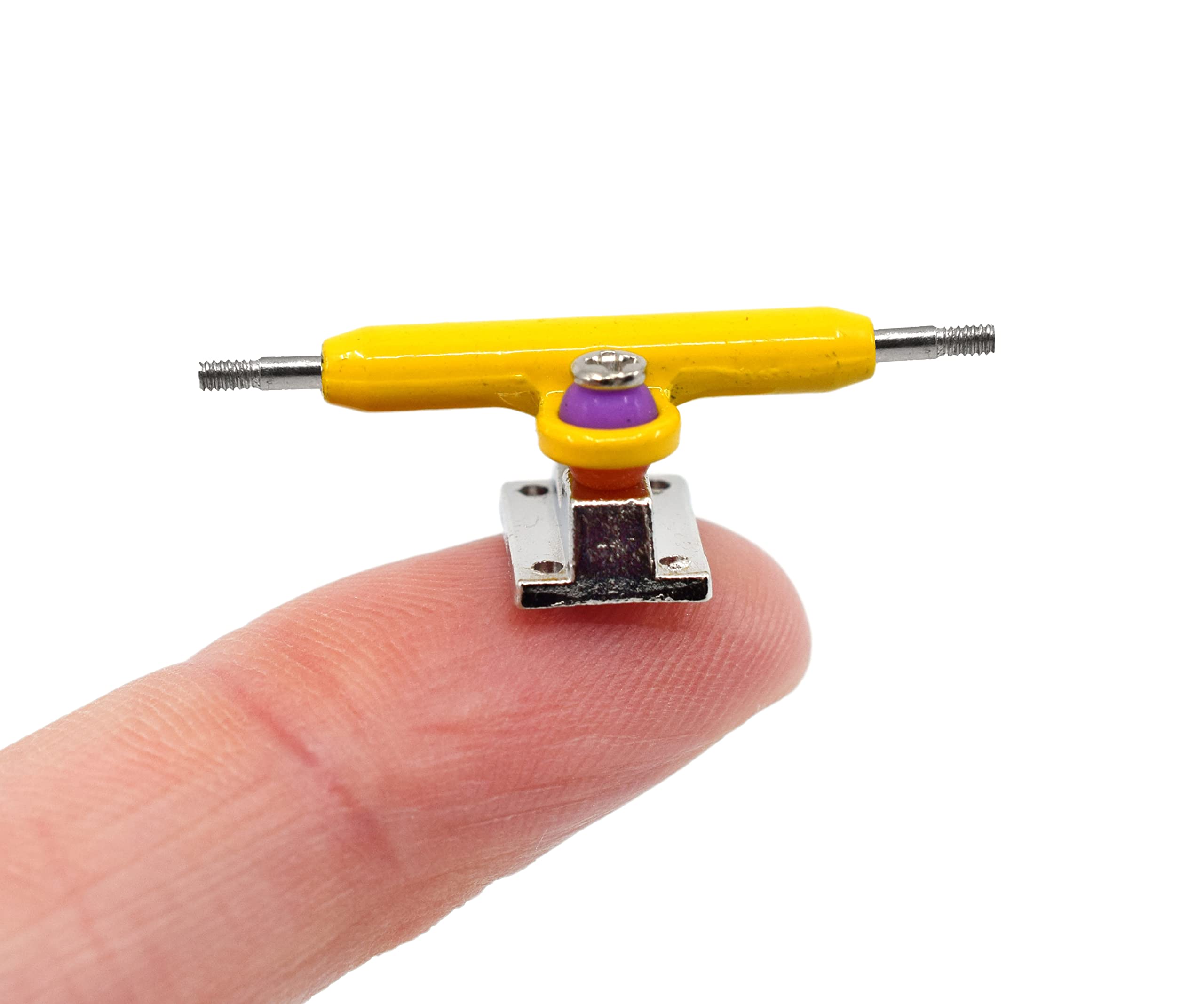 Teak Tuning Prodigy Pro Inverted Fingerboard Trucks with Gold Colored Locknuts & Urethane Tuning, Yellow & Silver Colorway - 32mm Width - Inverted Kingpin, Solid Axle Style - Tuned & Assembled