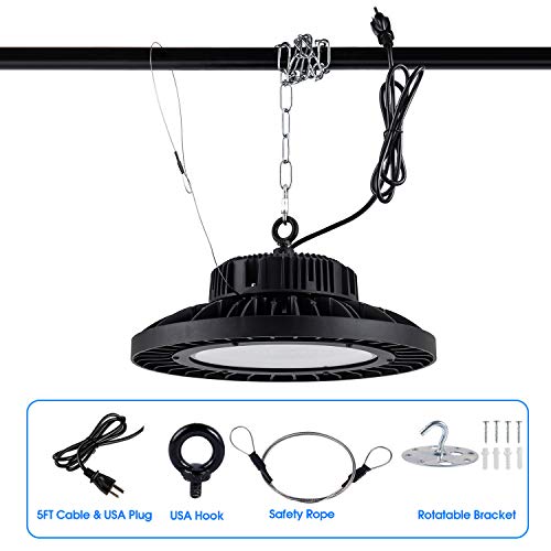 PLUSOVER LED High Bay Light 200W High Bay Light with Bright Lighting 28000LM(140LM/W) 5000K Daylight Black Waterproof UL Plug Fixture for Barn Garage Warehouse Gym