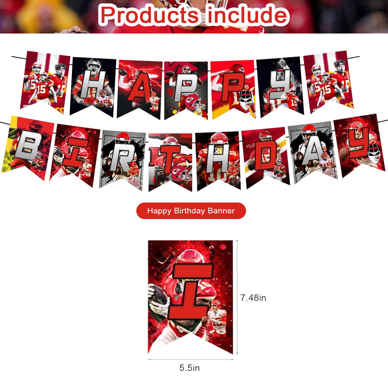 Patrick Mahomes Party Decorations,Football Birthday Party Supplies Includes Banner - Cake Topper - 12 Cupcake Toppers - 18 Balloons