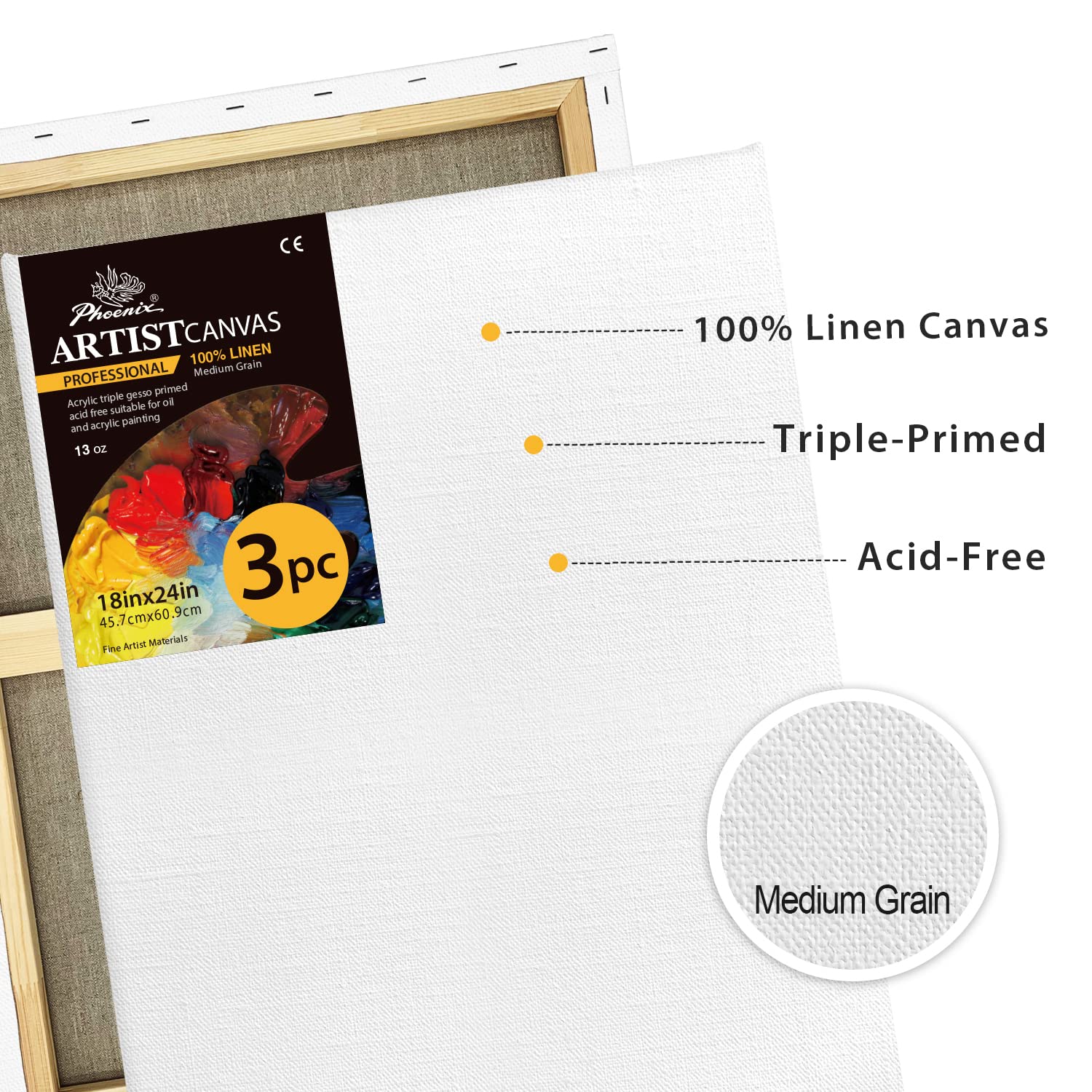 PHOENIX Large Belgian Linen Canvas for Oil Painting - 18x24 Inch/3 Pack Medium Texture, 3/4 Inch Profile - 13 Oz Triple Primed Blank Professional Stretched Archival Canvases for Acrylic Paints