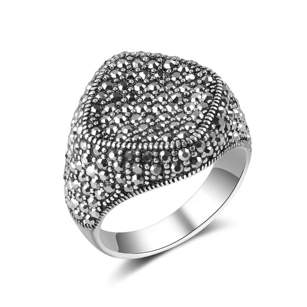 Mytys Marcasite Silver Rings for Women Geometry Black Diamond Costume Statement Women Rings Size 9