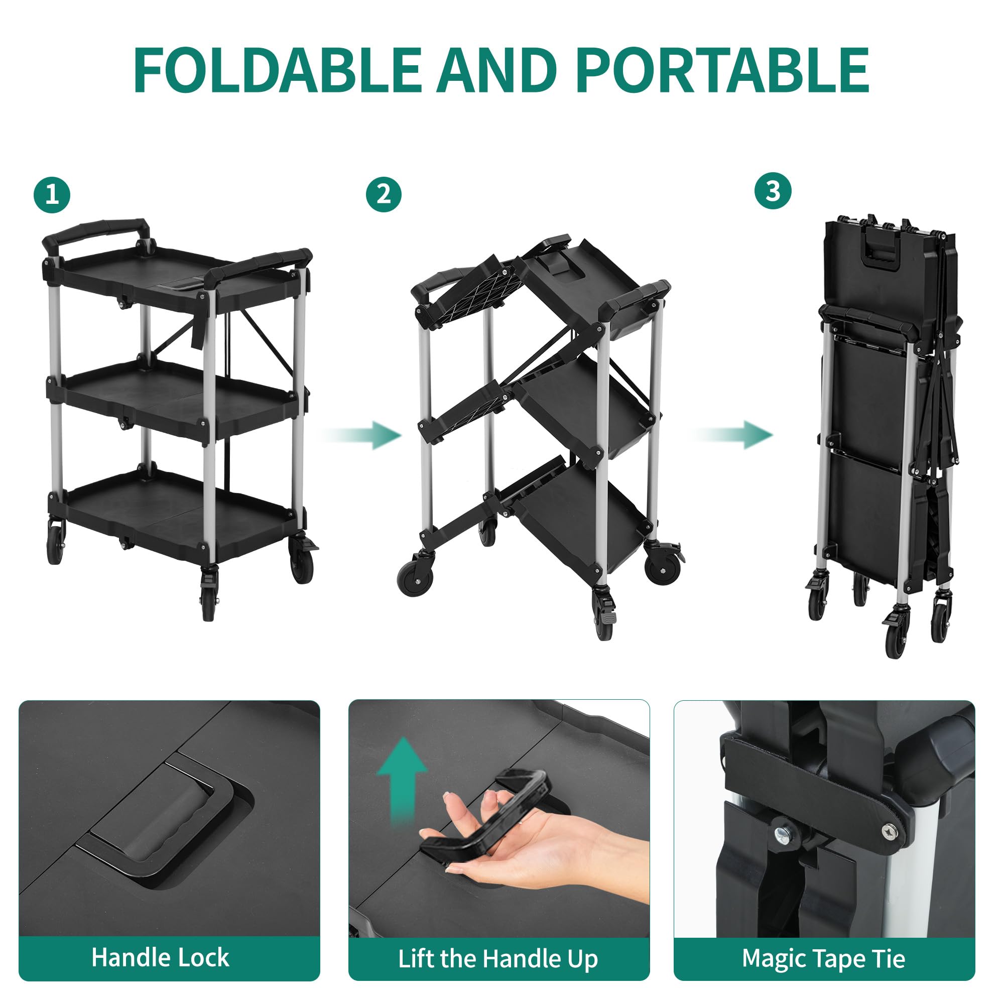 YITAHOME Folding Utility Service Cart, 350LBS 3 Tier Foldable Cart with Wheels Collapsible Cart on Wheels with 360°Swivel Wheels (2 with Brakes), Portable Cart for Home Garage Restaurant Office