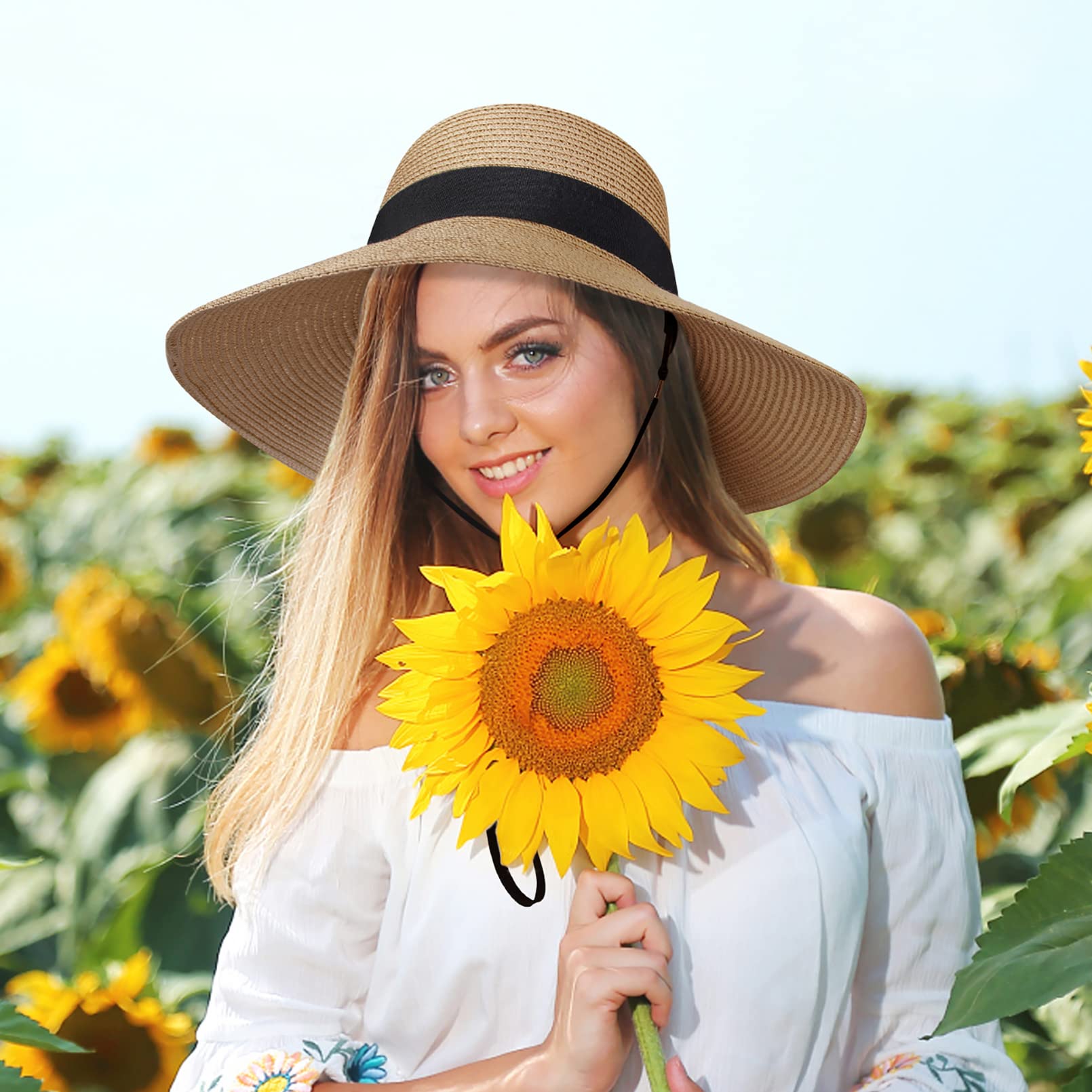 Straw Hats for Women Wide Brim Foldable Summer Beach Sun Hats for Women UV Protection(Pure Beige)