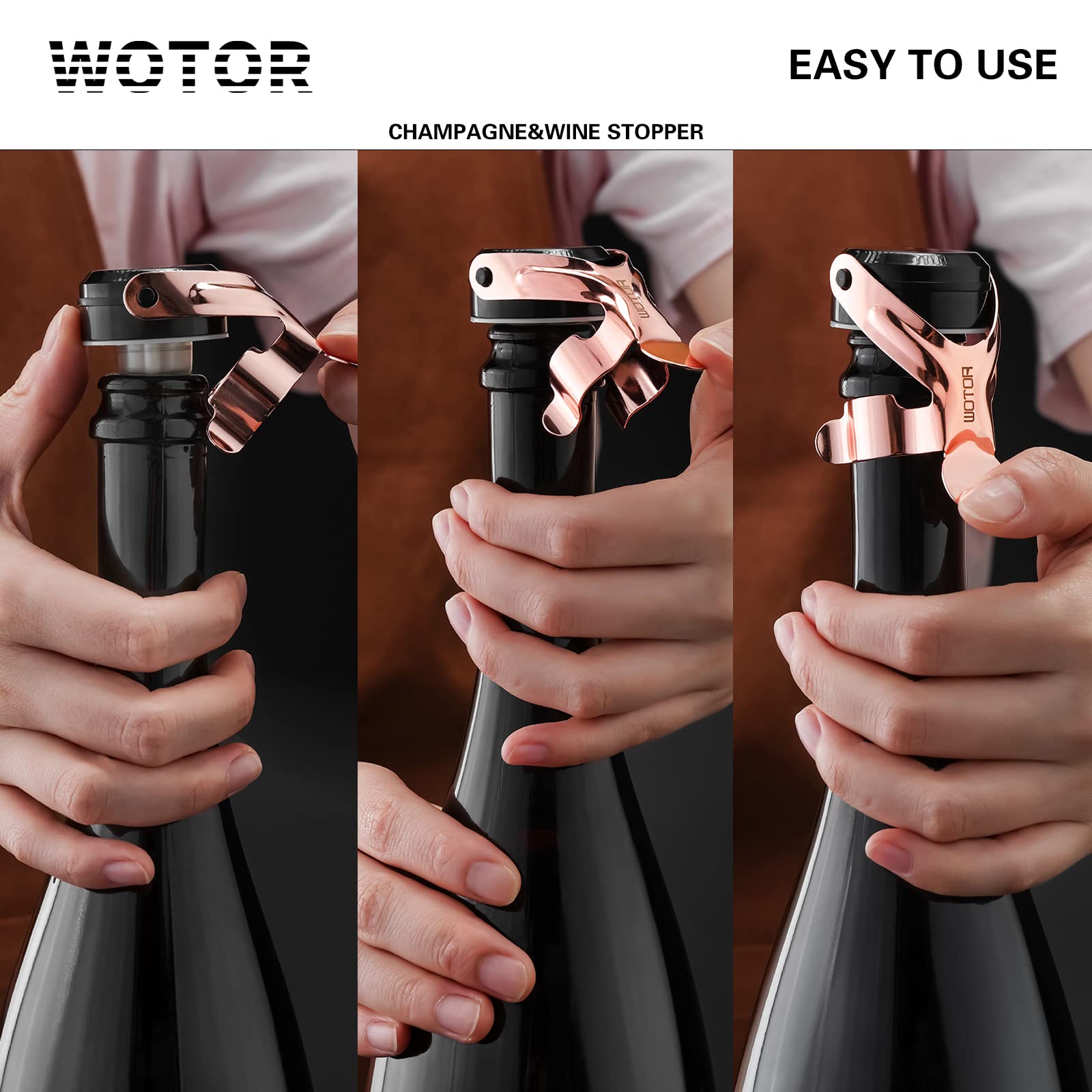 WOTOR Champagne&Wine Bottle Stoppers Stainless Steel with Food Grade Silicone, Leak Proof Keep Fresh Reusable Saver, Cork Suitable for Wine, Champagne, Cava, Prosecco and Sparkling (2 Pack Rosegold)