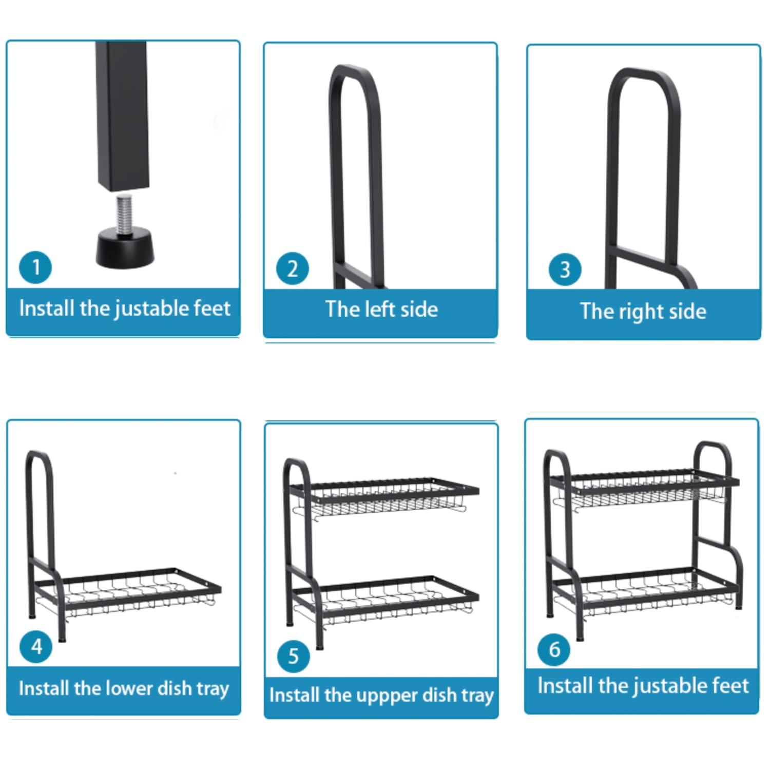 PEAKXCAN Dish Drying Rack, 2 Tier Rust-Resistant Dish Rack Small Dish Drainer with Drainboard Tray, Dish Racks for Kitchen Counter, Durable Stainless Steel Kitchen Drying Rack, Black
