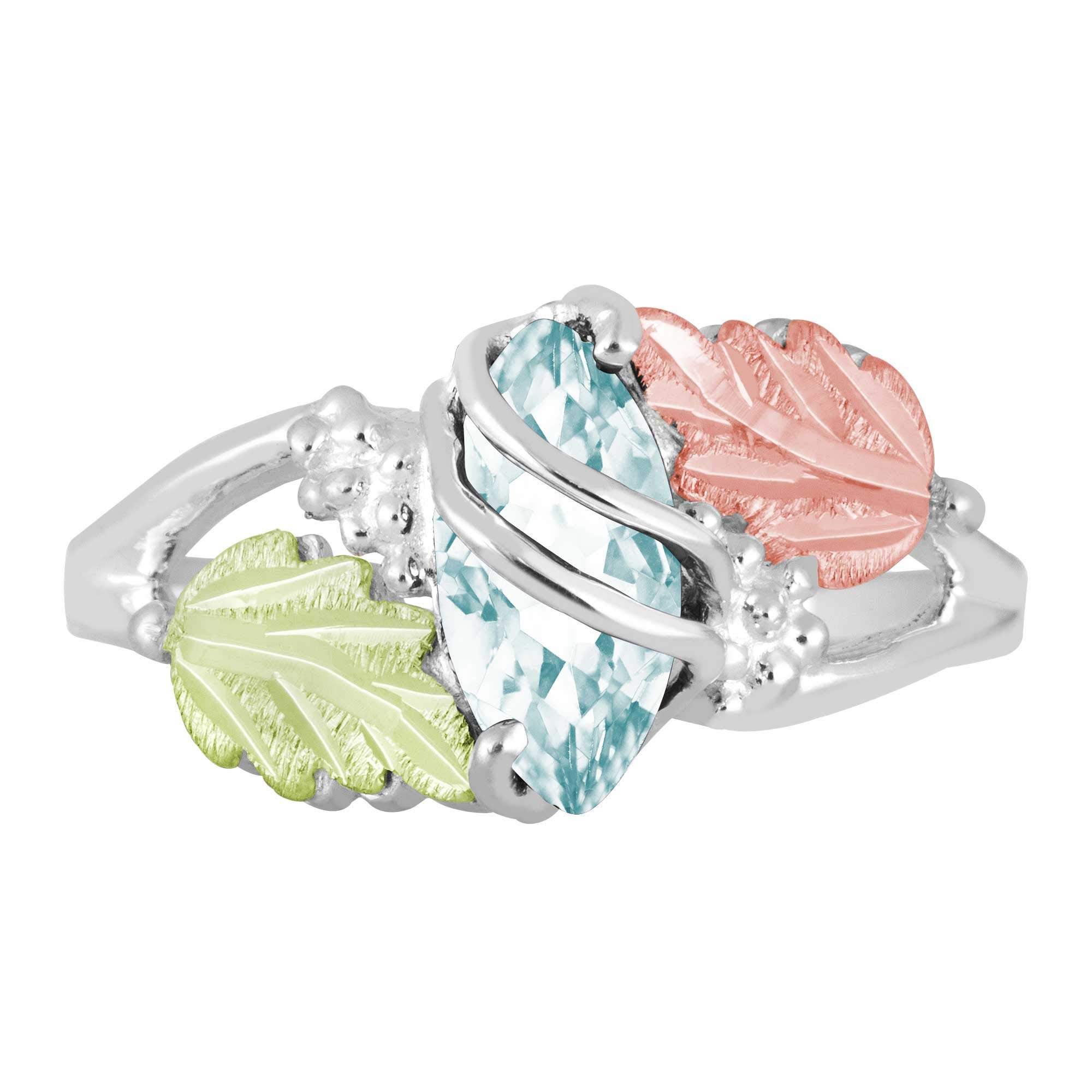 Marquise Synthetic Aquamarine March Birthstone Wrap Ring, Sterling Silver, 12k Green and Rose Black Hills Gold Size 5