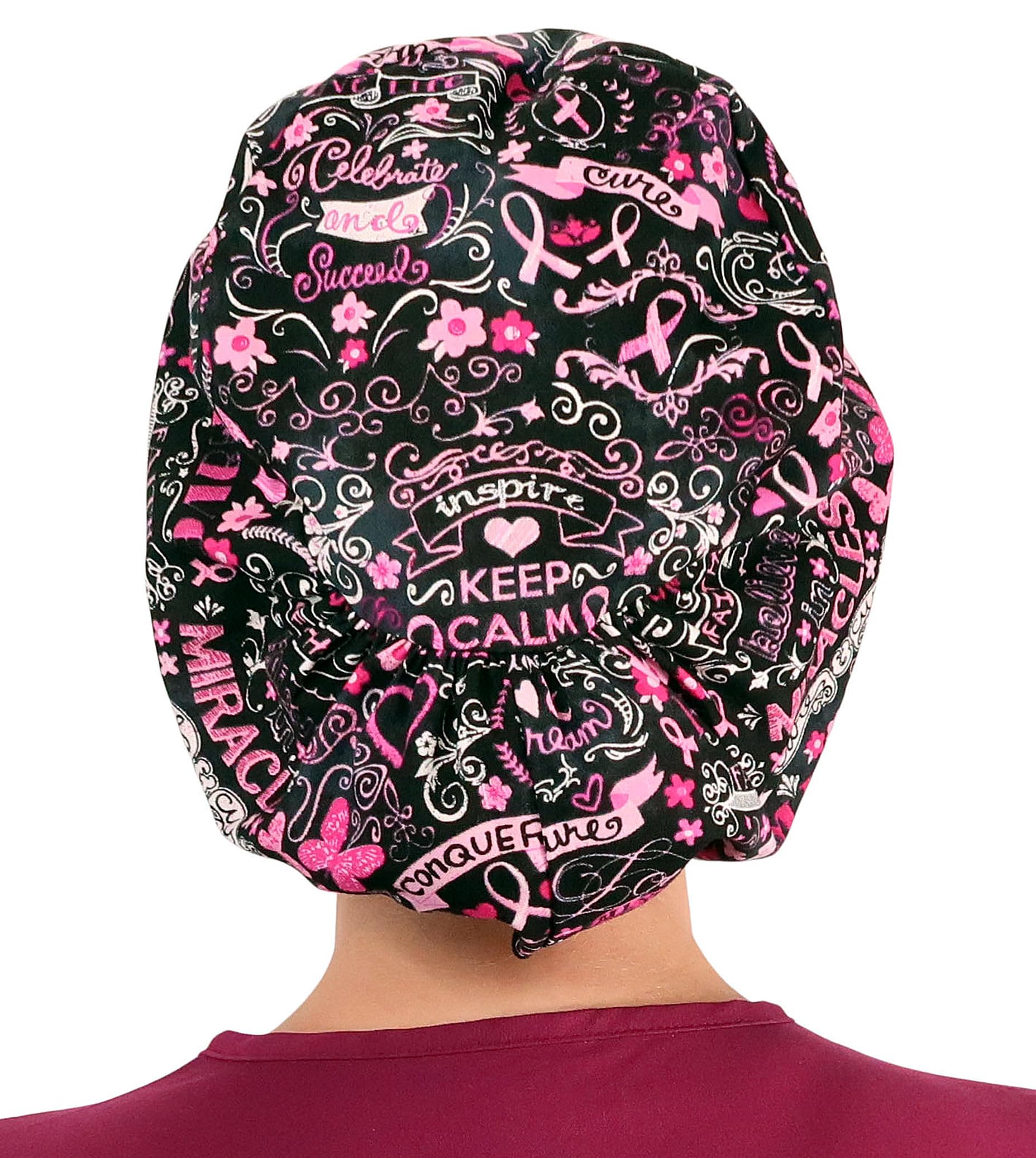 Sparkling EARTH Pink Ribbon Collage (Breast Cancer Ribbons) - Riley Medical Scrub Caps - Adjustable Cord Lock Closure - Made in USA!
