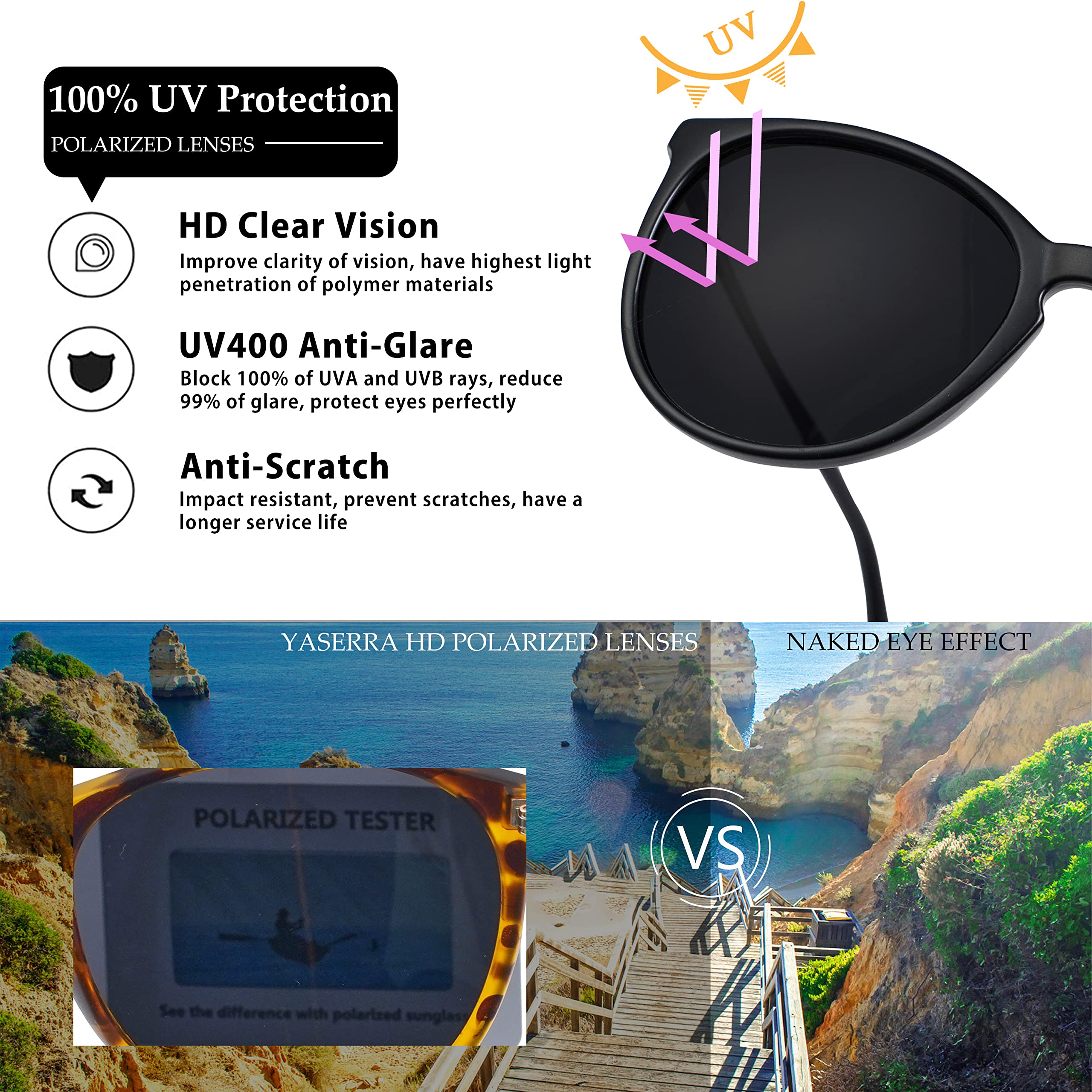 Yaserra Vintage Round Polarized Sunglasses for Women Men Classic Retro Trendy Designer Style Sun Glasses UV400 Protection