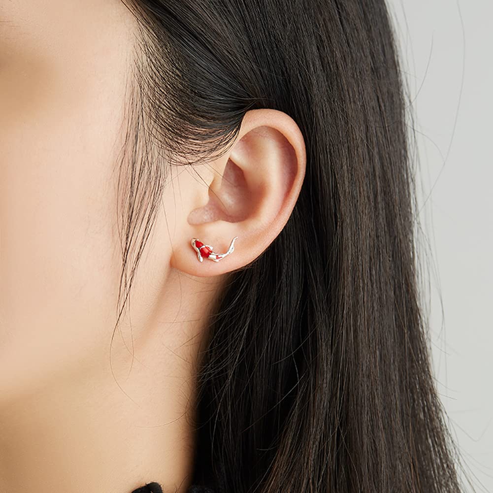 Rofeego S925 Sterling Silver Koi Fish Stud Earrings,hypoallergenic Red Carp Jewelry Gifts ﻿