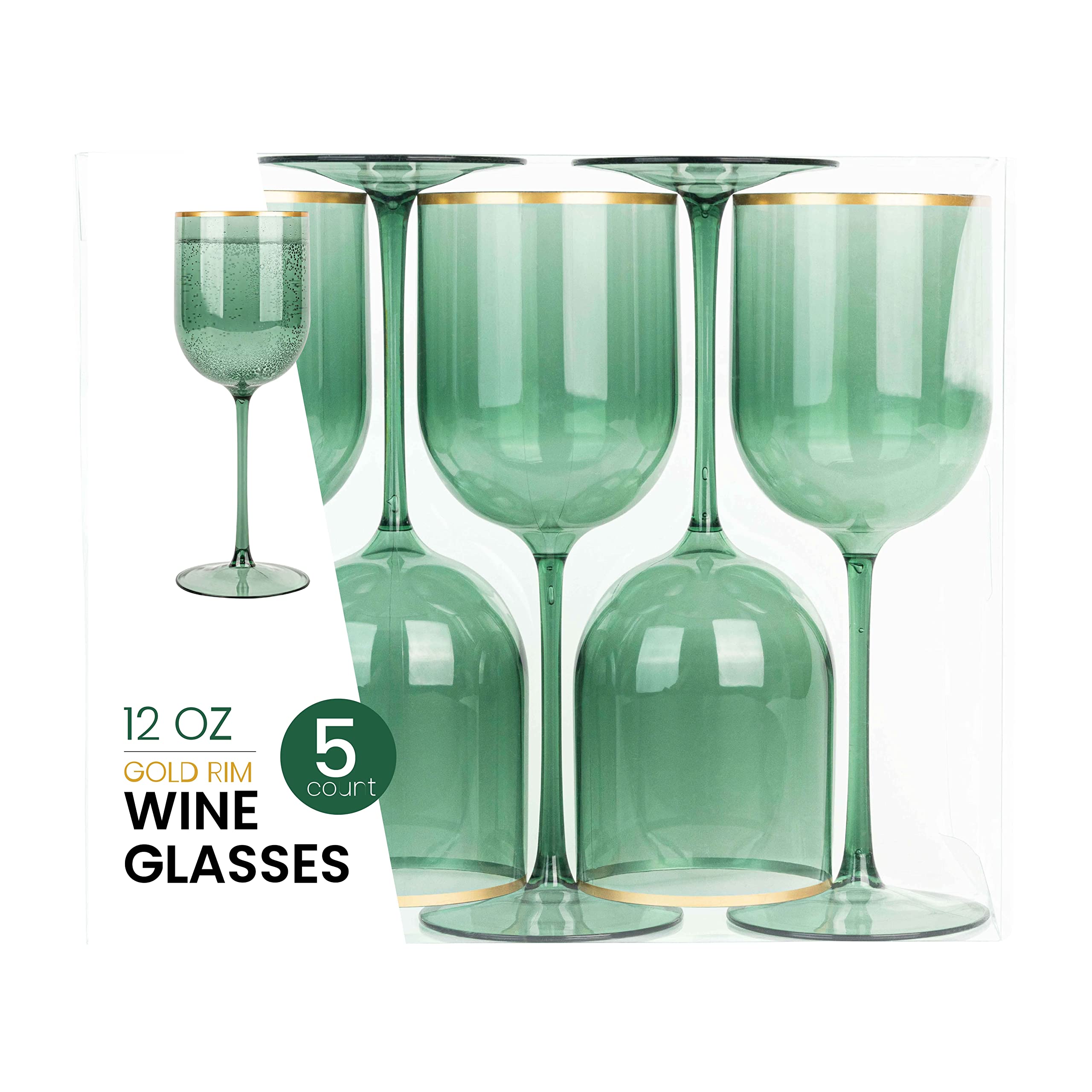 PLASTICPRO Green Wine Cup with Gold rim Plastic Wine Glasses Set of 10 Elegant Wine Goblets Hard Plastic Wine Cups on Stem 12 Ounce Christmas Cups