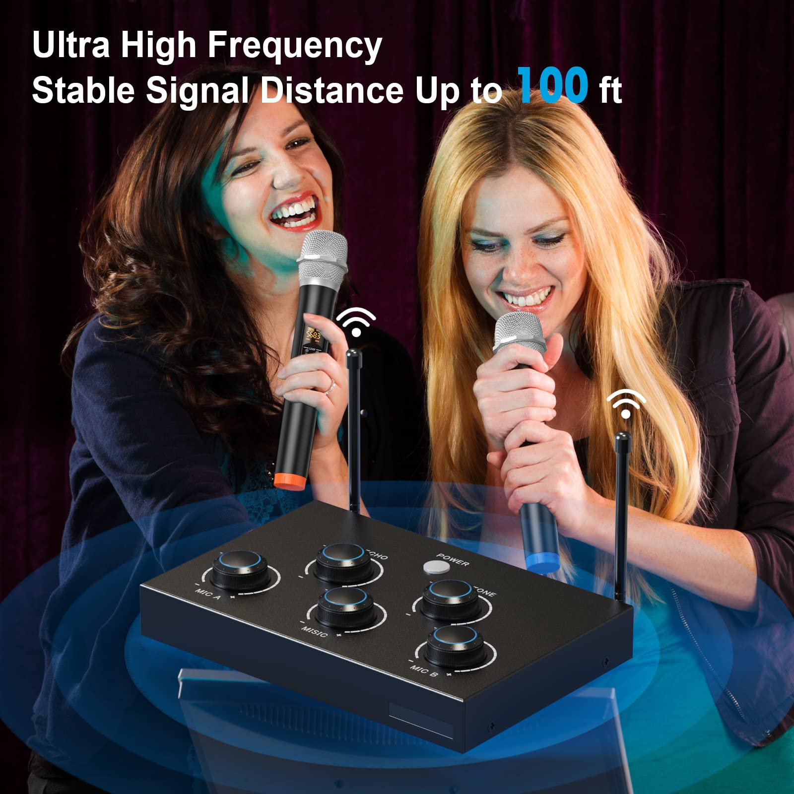 Rybozen Wireless Microphone Karaoke Mixer System, Dual UHF Cordless Mic Handheld Karaoke Microphone for PC, TV, Speaker, Amplifier, Party, Meeting, DJ, Wedding, Supports AUX Optical in/Out