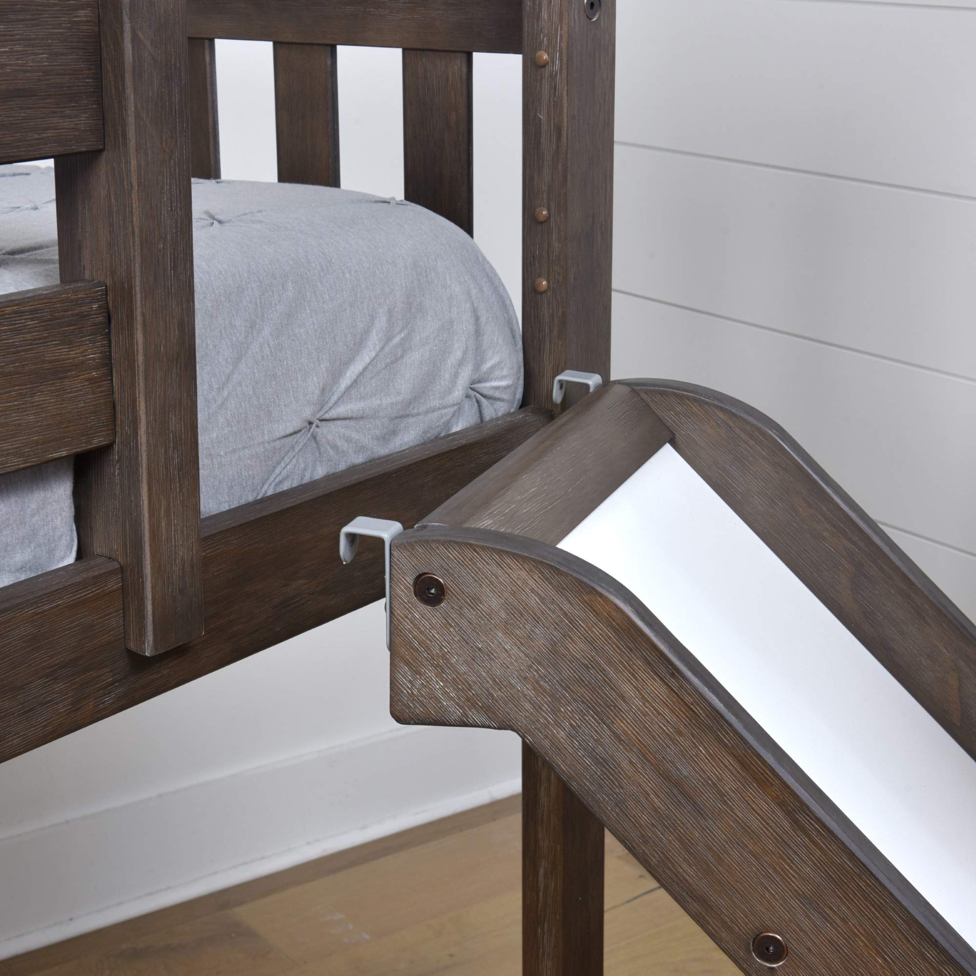 Max & Lily Low Bunk Bed, Twin-Over-Twin Bed Frame For Kids With Slide and Curtains For Bottom, Clay/Blue
