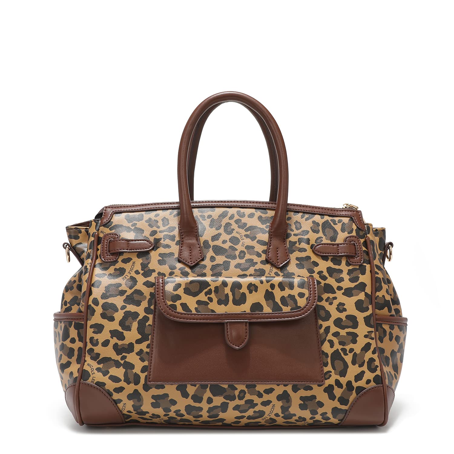 Nicole Lee Lola Leopard Print Brown/Black Medium Satchel, 8 Pockets, Phone Compartment, Card Holder, Optional Crossbody Strap