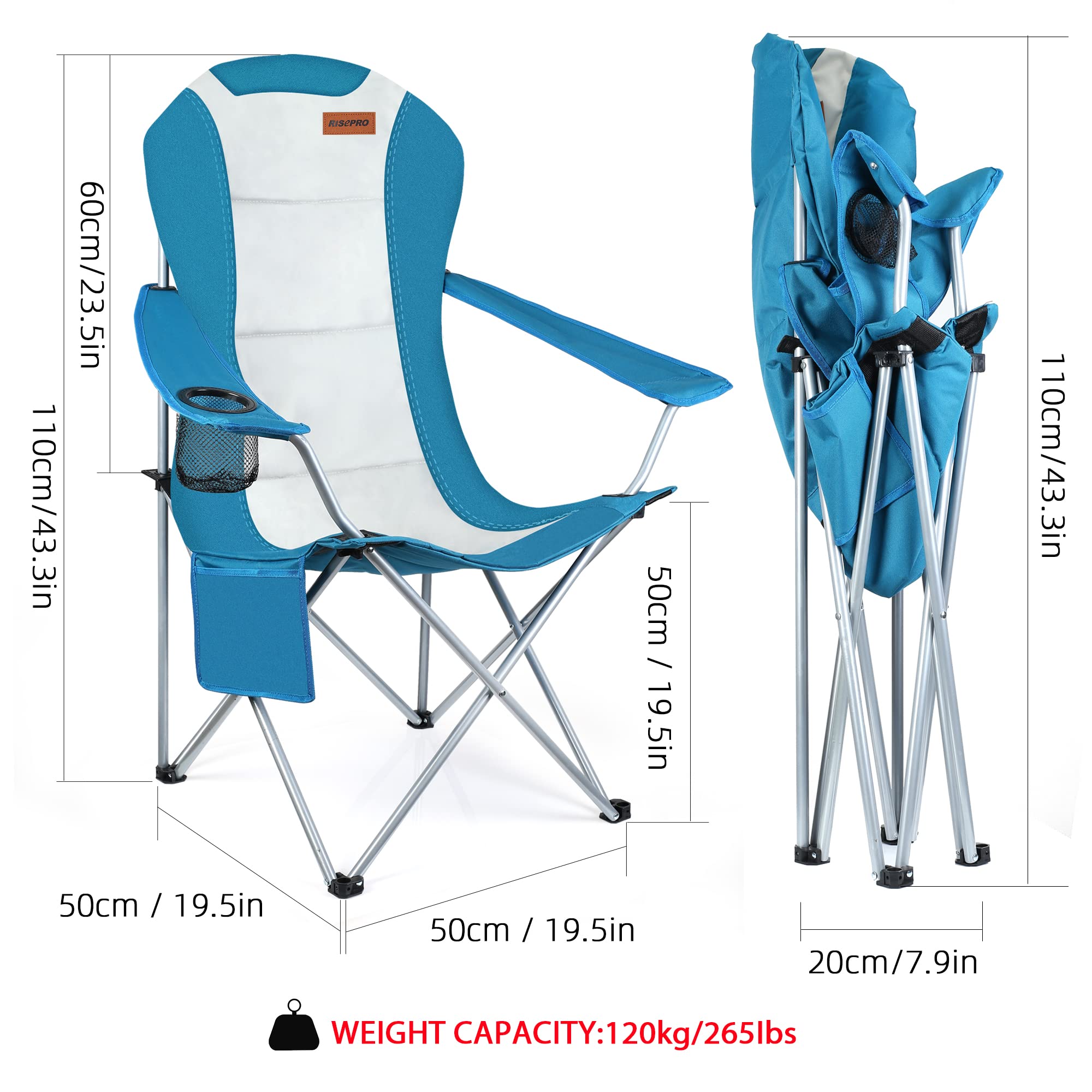 RISEPRO Oversized Camping Folding Chair Heavy Duty Support 265 LBS Heavy Duty Steel Frame Arm Chair with Cup Holder Fully Padded Back Chair Portable for Outdoor DC