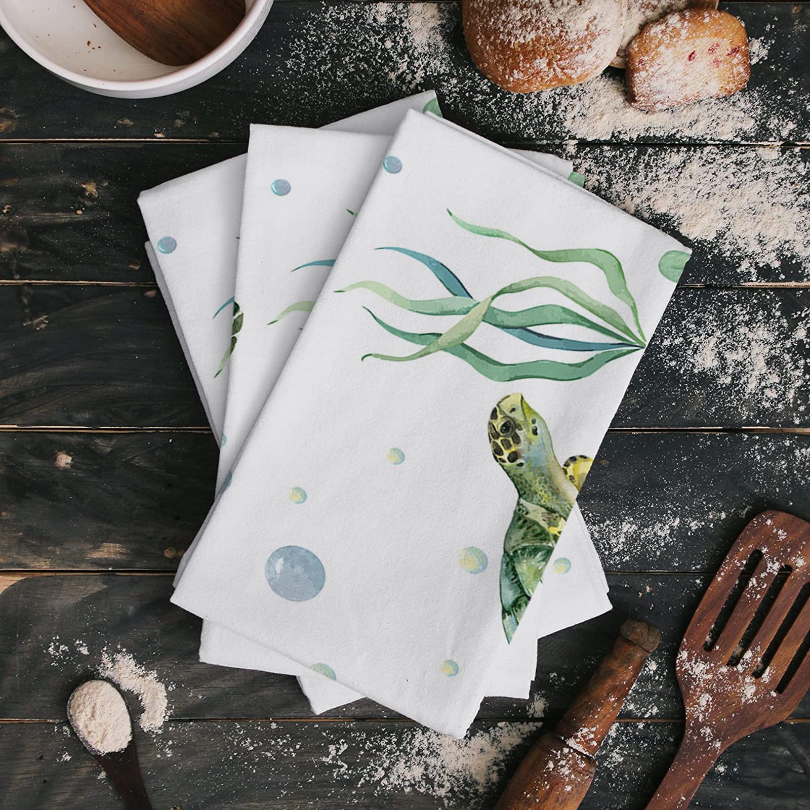RainbowDay Cotton Kitchen Towels Super Soft Absorbent Kitchen Dish Towels for Drying Dishes/Hand/Tea/Bar Towels Sea Turtle Coral Marine Life Cleaning Kitchen Towels 2 Pack, 18x28 Inch