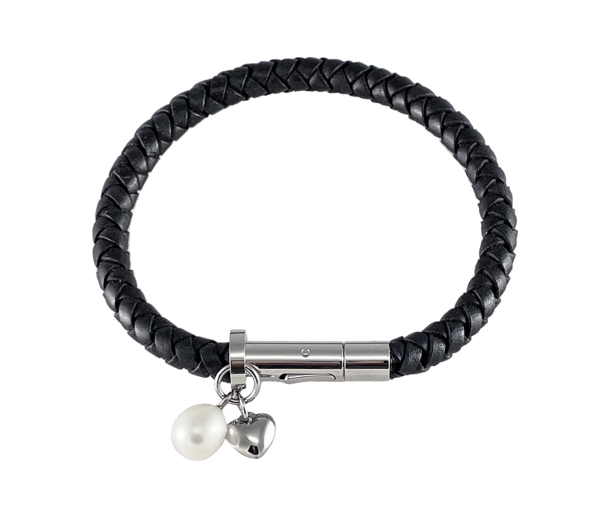 Stylish Black Leather Bracelet with AAA Quality 7.5x8.5mm White Freshwater Cultured Pearl and Silver Heart - PremiumPearl