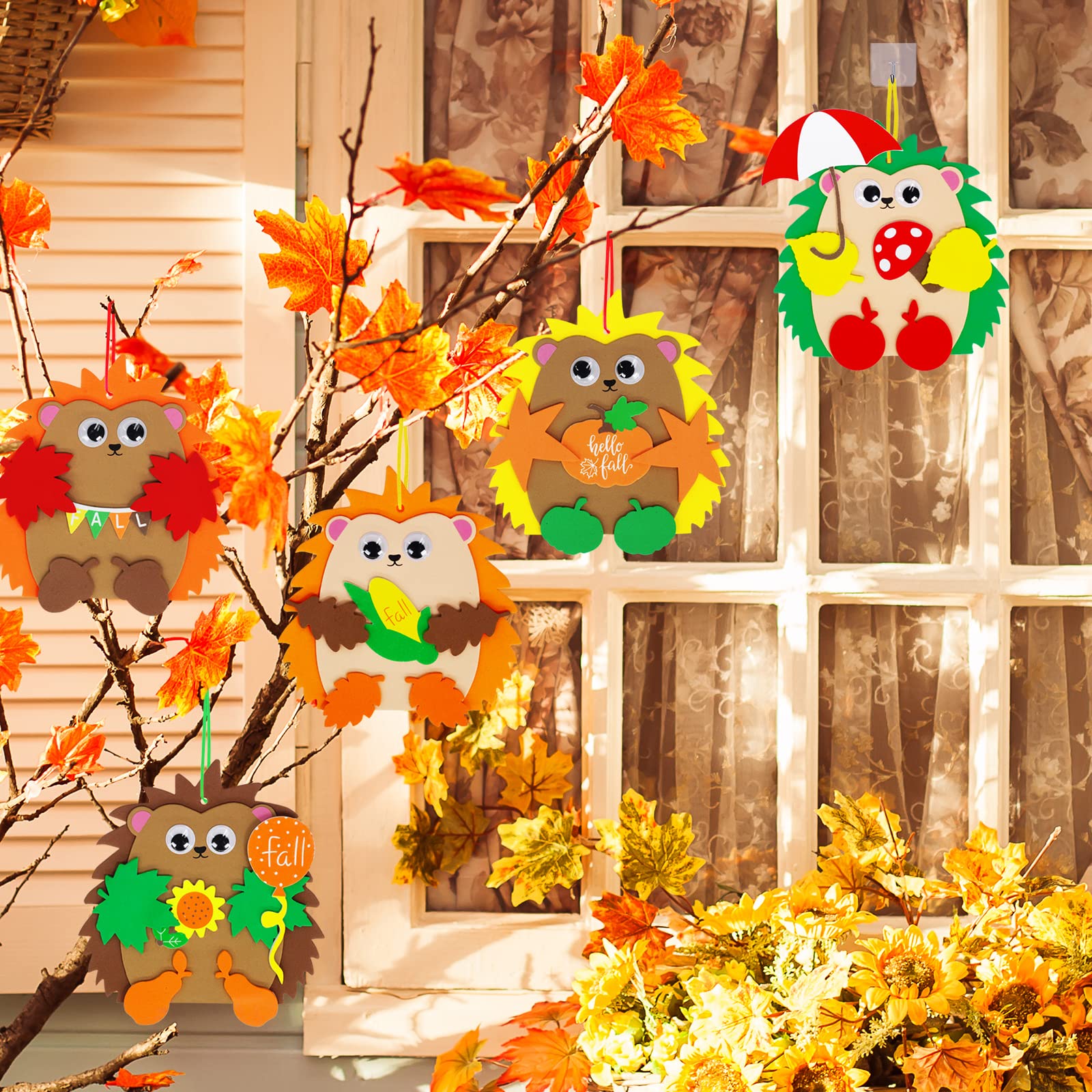 Winlyn 24 Sets Fall Crafts Kits DIY Fall Hedgehog Ornaments Decorations Art Sets Autumn Leaf Pumpkin Foam Stickers Arts and Crafts Googly Eyes for Kids Thanksgiving Halloween Home Classroom Activities