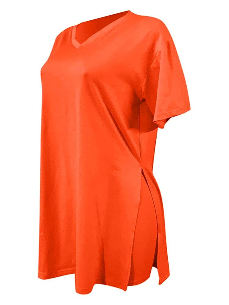 qfmqkpi Ladies Oversized Two Piece Outfits Dropped Shoulder Short Sleeve Side Slit T-Shirt Tight Pants Sweatsuits Orange XXL