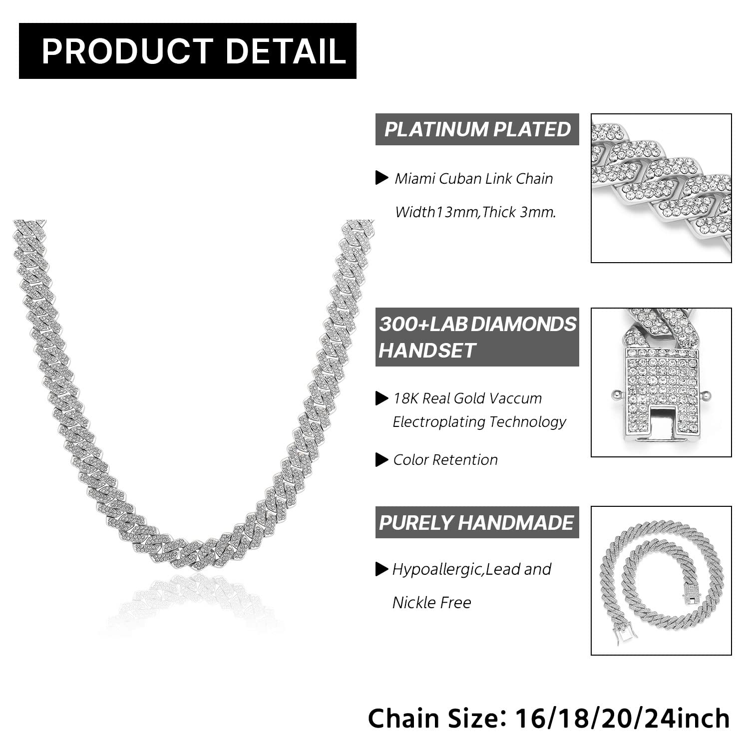 MOFEIJEWEL 13mm Cuban Link Chain For Men Women Iced Out Chain Miami Cuban Necklace Bling Diamond Chains Hip Hop Jewelry (Silver 20inch)