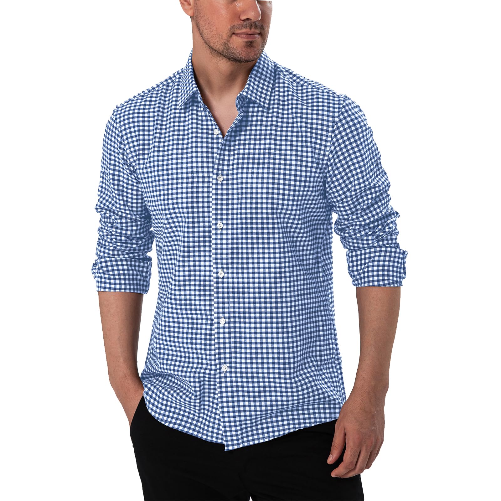 Manwan walk Men's Plaid Button Down Shirts Regular Fit Long Sleeve Casual Business Shirts Dark Blue XXL