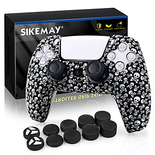 SIKEMAY PS5 Controller Cover Skin Case, Anti-Slip Thicken Silicone Protective, Perfectly Compatible with Playstation 5 Controller Grip with 10 x Thumb Grip Caps (Black Skull)
