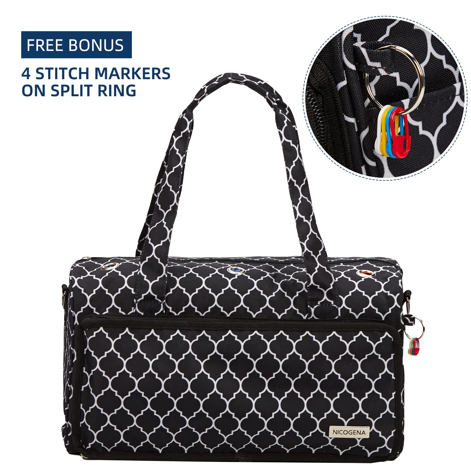 NICOGENA Knitting Bag, Large Capacity Portable Yarn Storage Tote for Yarn Skeins and Accessories Tangle Free with 3 Reinforced Grommets, Lantern Black