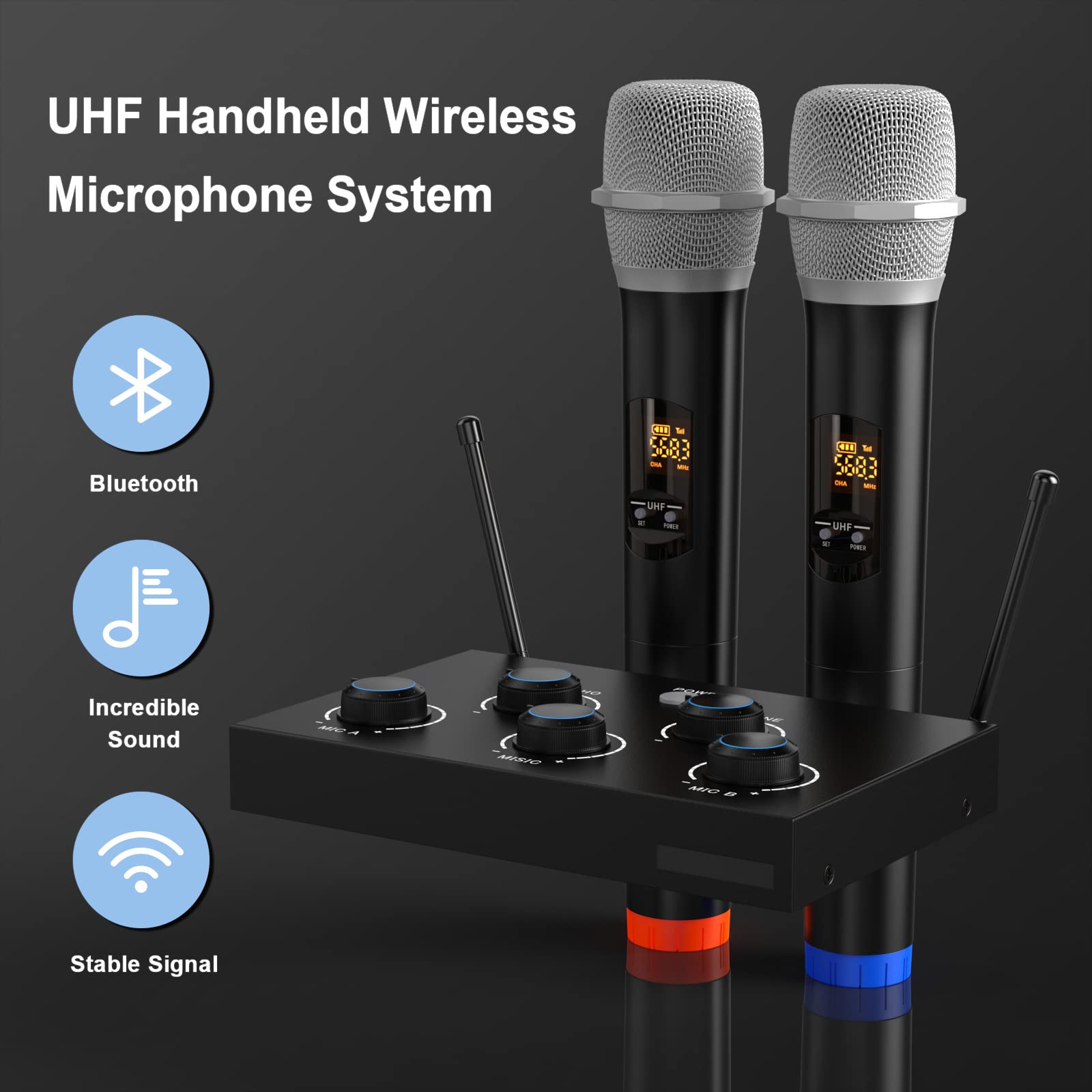 Rybozen Wireless Microphone Karaoke Mixer System, Dual UHF Cordless Mic Handheld Karaoke Microphone for PC, TV, Speaker, Amplifier, Party, Meeting, DJ, Wedding, Supports AUX Optical in/Out