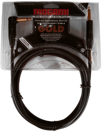 Mogami GOLD INSTRUMENT-10R Guitar Instrument Cable, 1/4" TS Male Plugs, Gold Contacts, Right Angle and Straight Connectors, 10 Foot