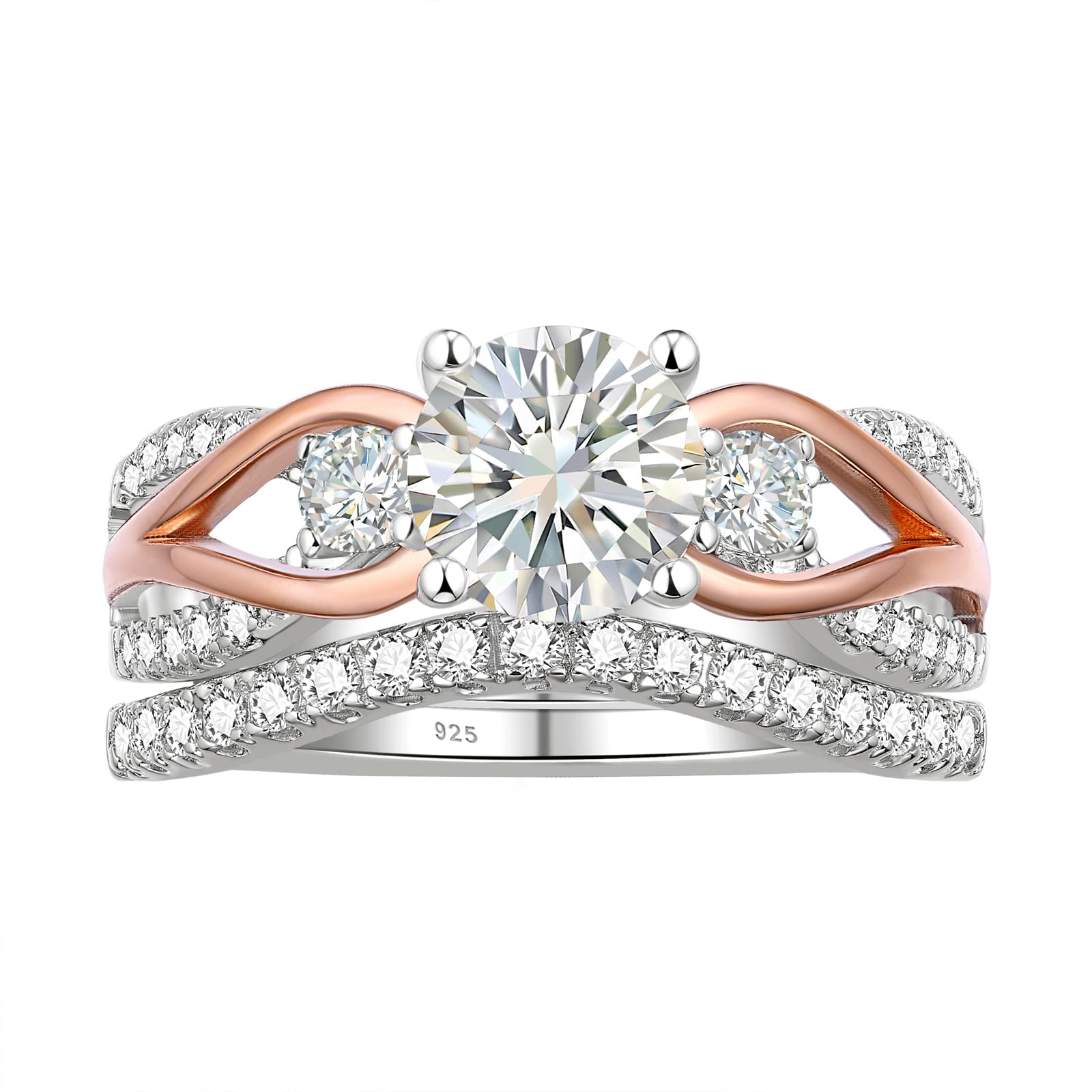 SHELOVES Rose Gold Three Stone Round Cut CZ Engagement Wedding Rings Set 925 Sterling Silver Sz 7