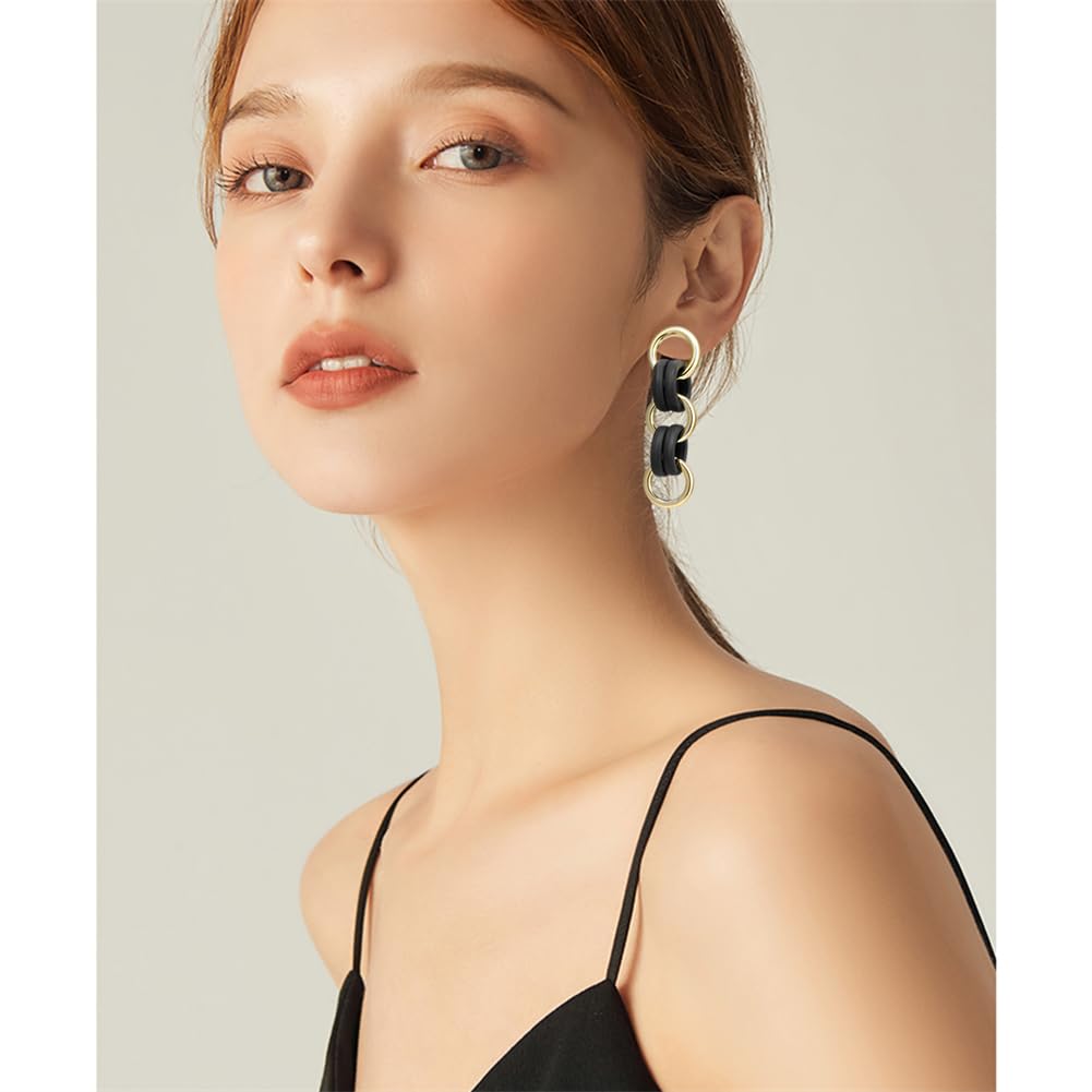 MIGUO STORE Unique Black Exaggerate Chain Earrings Creative Personality Geometric Floor Hollow Drop Dangle Earrings For Women (Gold Black Long Chain Earrings)