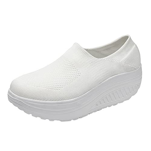 Platform Wedge Sneakers for Women Fashion Orthopedic Fashion Mesh Air Comfort Chunky Sole Hidden High Heels Slip On Loafers Breathable Walking Work Shoes with Arch Support (White, 9)