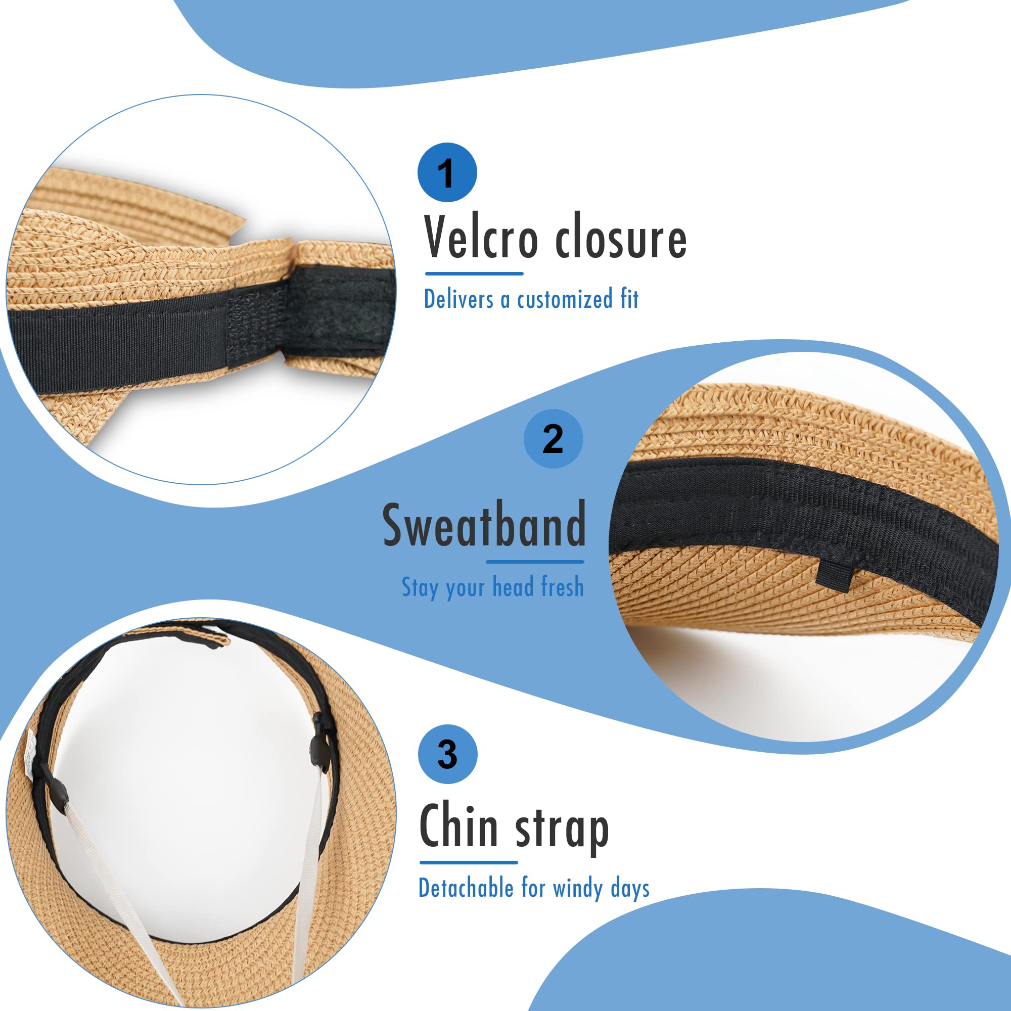Sun Visors Hat Womens, Beach Straw Hats Wide Brim, Adjustable Summer Sun UV Protection Visor Hat, Roll Up Packable UPF50+ Ponytail Cap for Travel Vacation A-Khaki