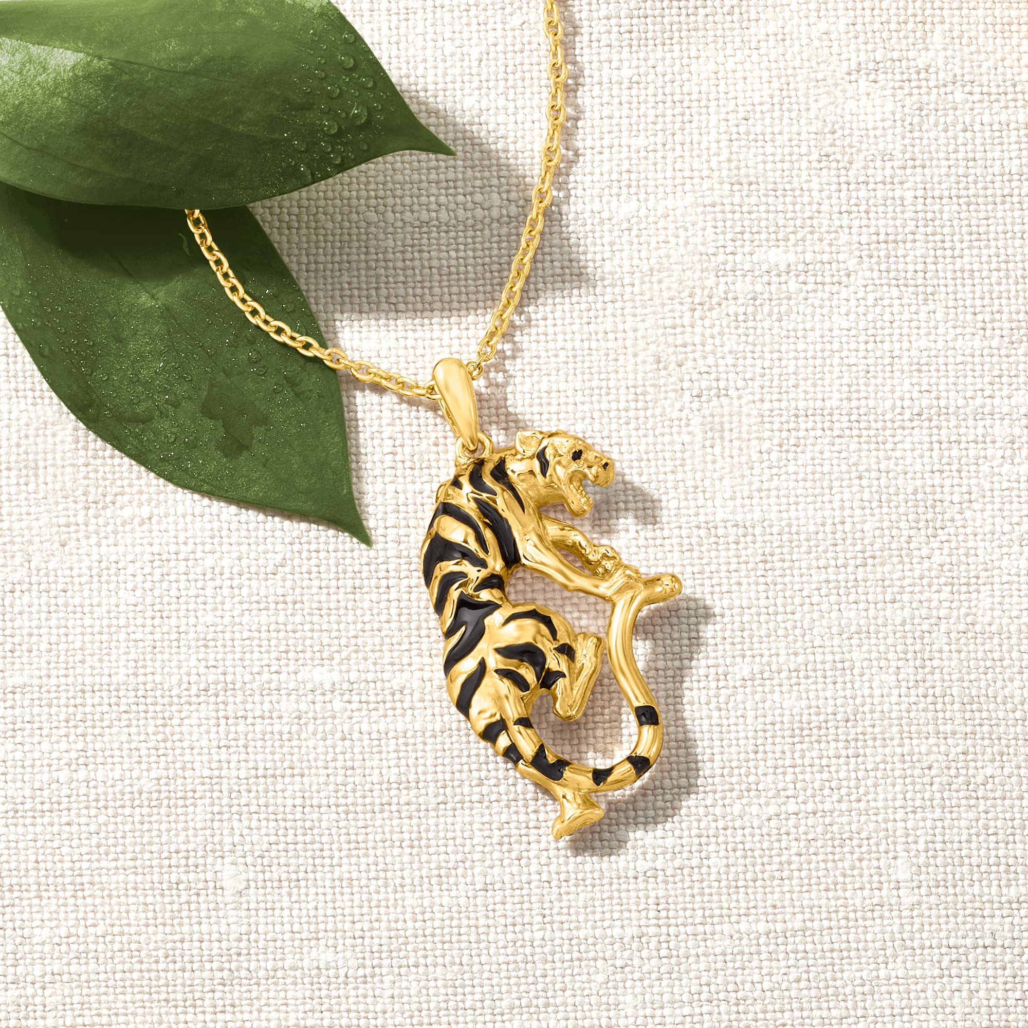 Ross-Simons Black Enamel Tiger Pendant Necklace in 18kt Gold Over Sterling. 18 inches