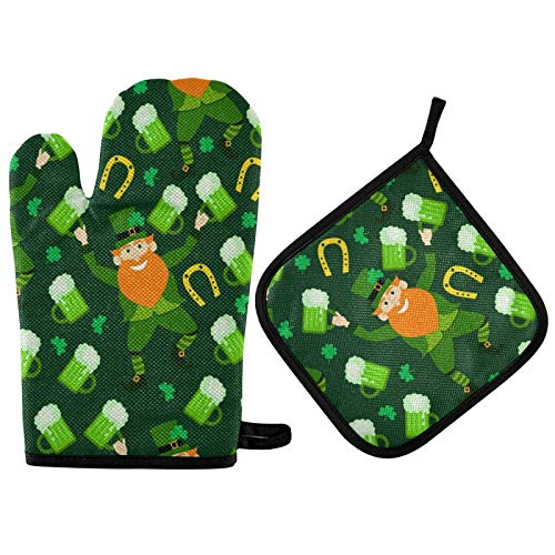 ST Clover Beer Oven Mitts & Pot Holders Set Saint Patrick's Day Kitchen Decor Heat Resistant Gloves PotHolders Pad 2Pcs Microwave Gloves for Baking Cooking Grilling BBQ Home Decor