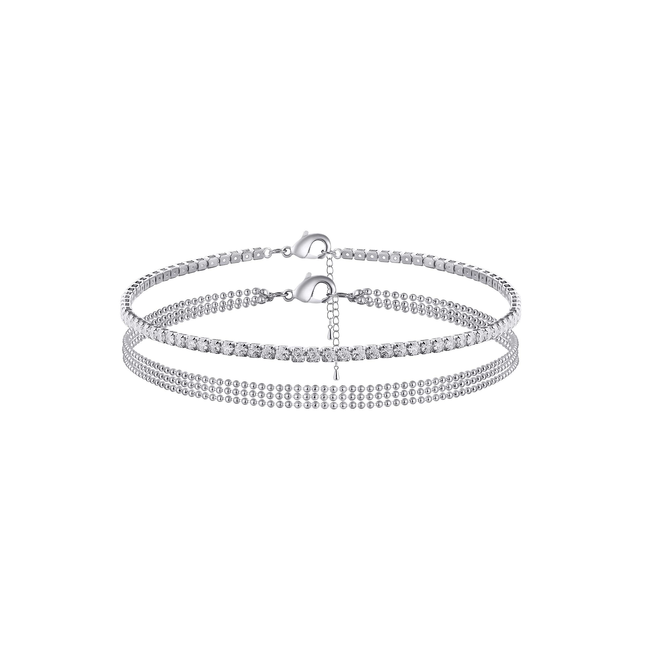 Tasiso Silver Plated Layered Rhinestone Chain Charm Anklet Cubic Zirconia Ankle Bracelet Summer Sparkling Crystal Foot Chain Jewelry for Women 8.3"