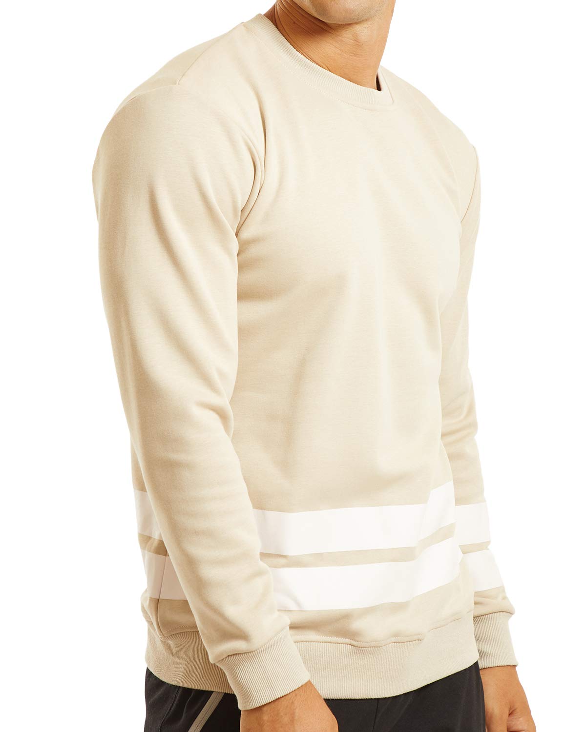 Ouber Men's Pullover Sweatshirt Long Sleeve Crewneck Trendy Stripe Print (XL,Kahki)