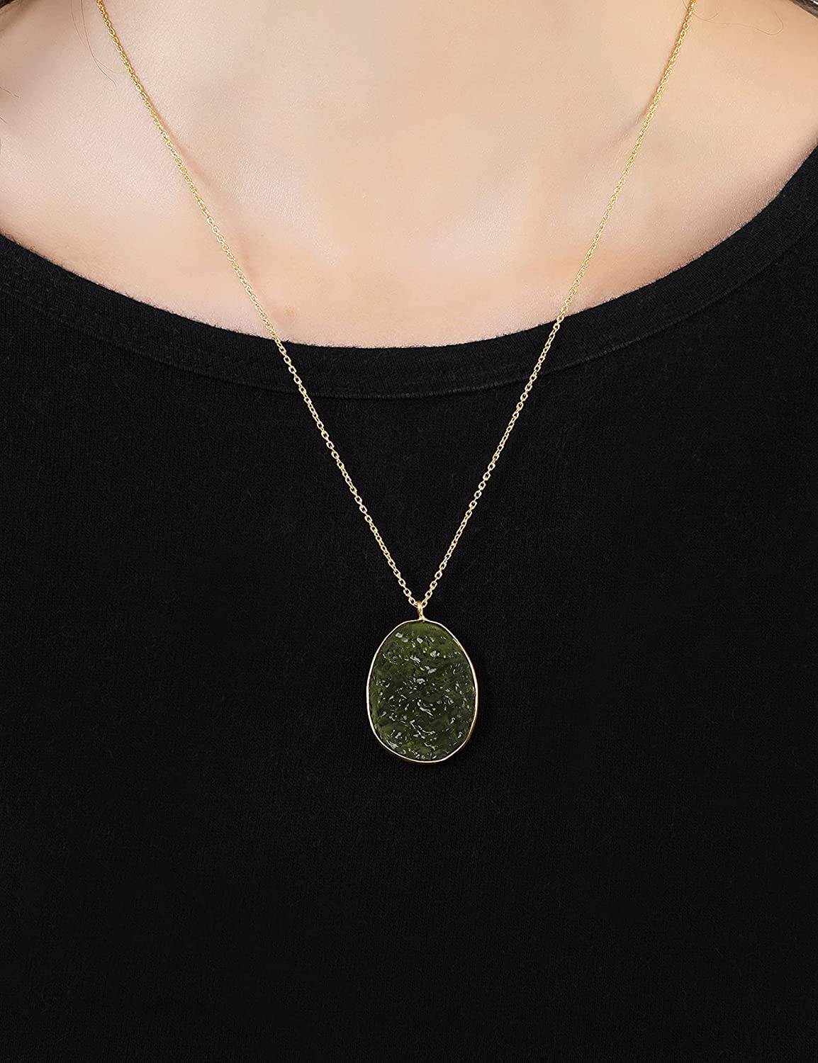 TASKD Green Moldavite Aerolite Crystal Stone Pendant Gemstone Silver Platted Moldavite Necklace Energy Meteorite Amethyst Ecko Necklace For Women Matoa Gift For Her From Him (Golden Chain)