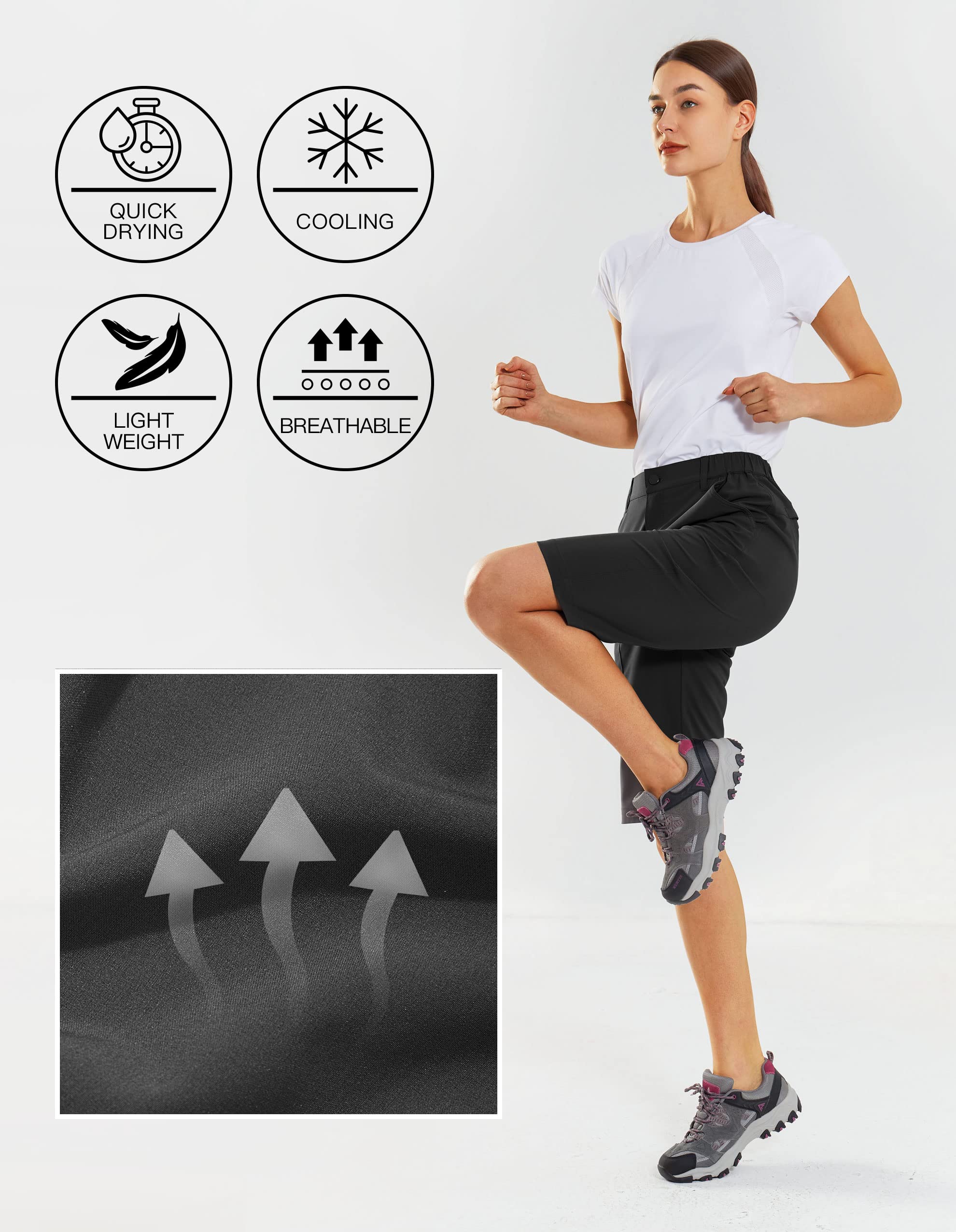 SPECIALMAGIC Knee Length Shorts Women Bermuda Quick Dry Shorts Stretchy Hiking Shorts Golf Lightweight Casual for Summer Black