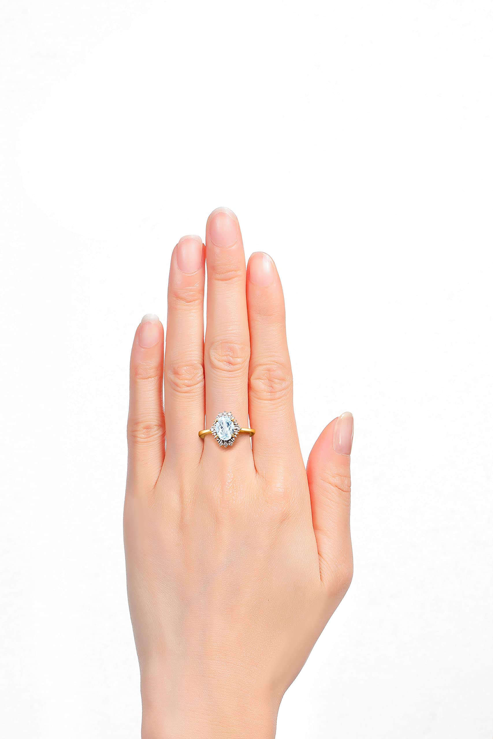 RYLOS Rings for Women Gold Plated Silver Ring with 7X5MM Oval Gemstone & Sparkling Diamonds March Aquamarine Jewelry Size 10