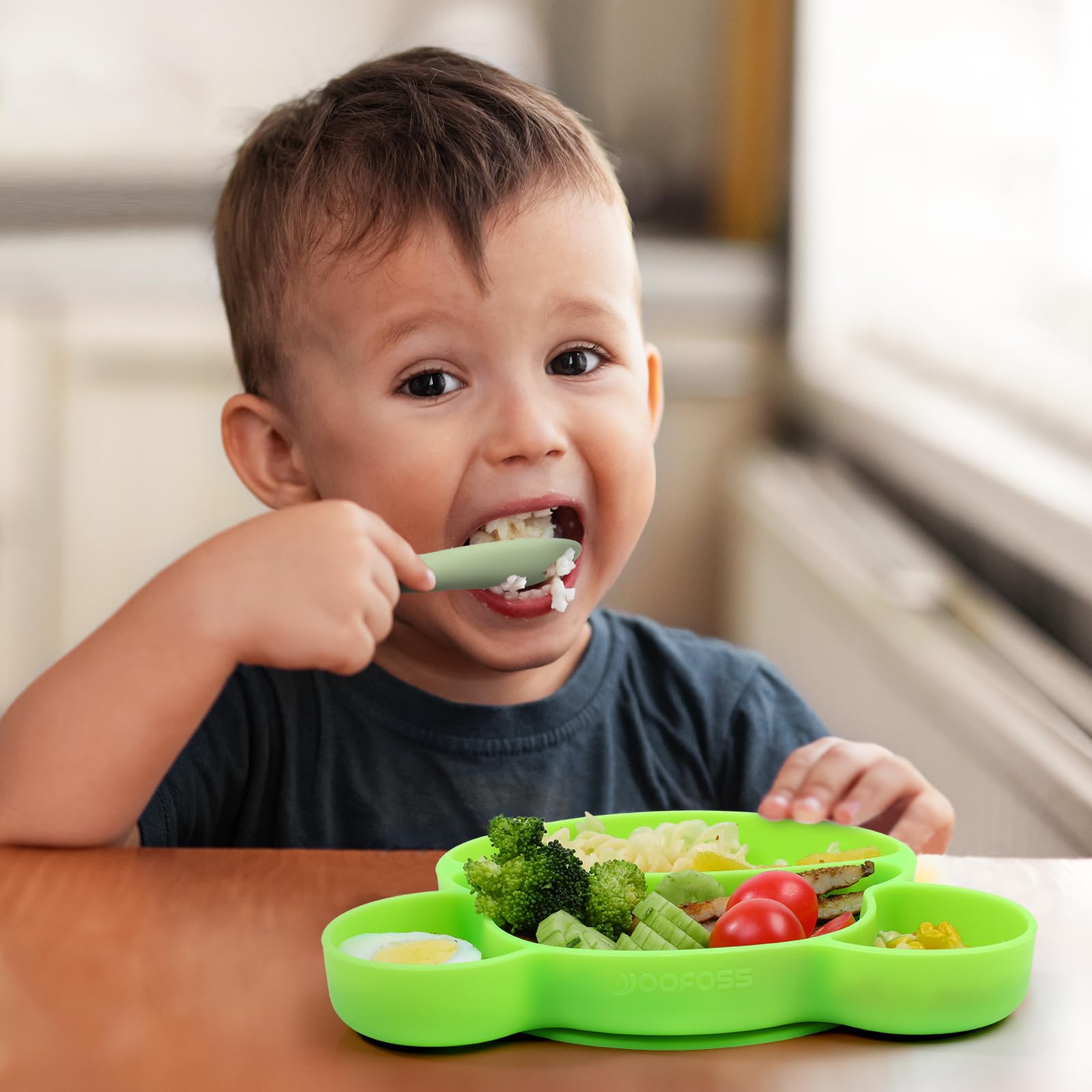 Yoofoss Toddler Plates 3 Pack - Suction Plates for Baby - 100% Silicone Baby Plates - BPA Free - Microwave and Dishwasher Safe - Divided Design - Blue,Green&Grey