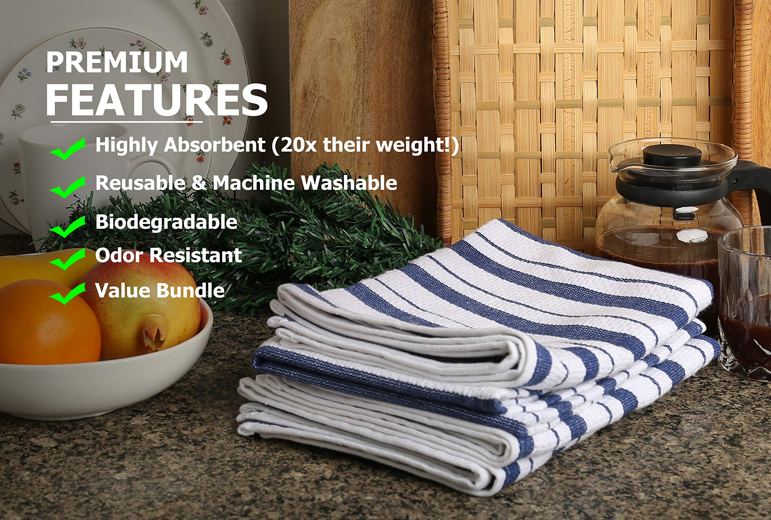 RAJRANG Dish Drying Kitchen Towels with Hanging Loops - 18 x 28 Inches Washable Ultra Absorbent and Quick-Dry Cloths for Everyday Cleaning - Set of 4 - Navy and White