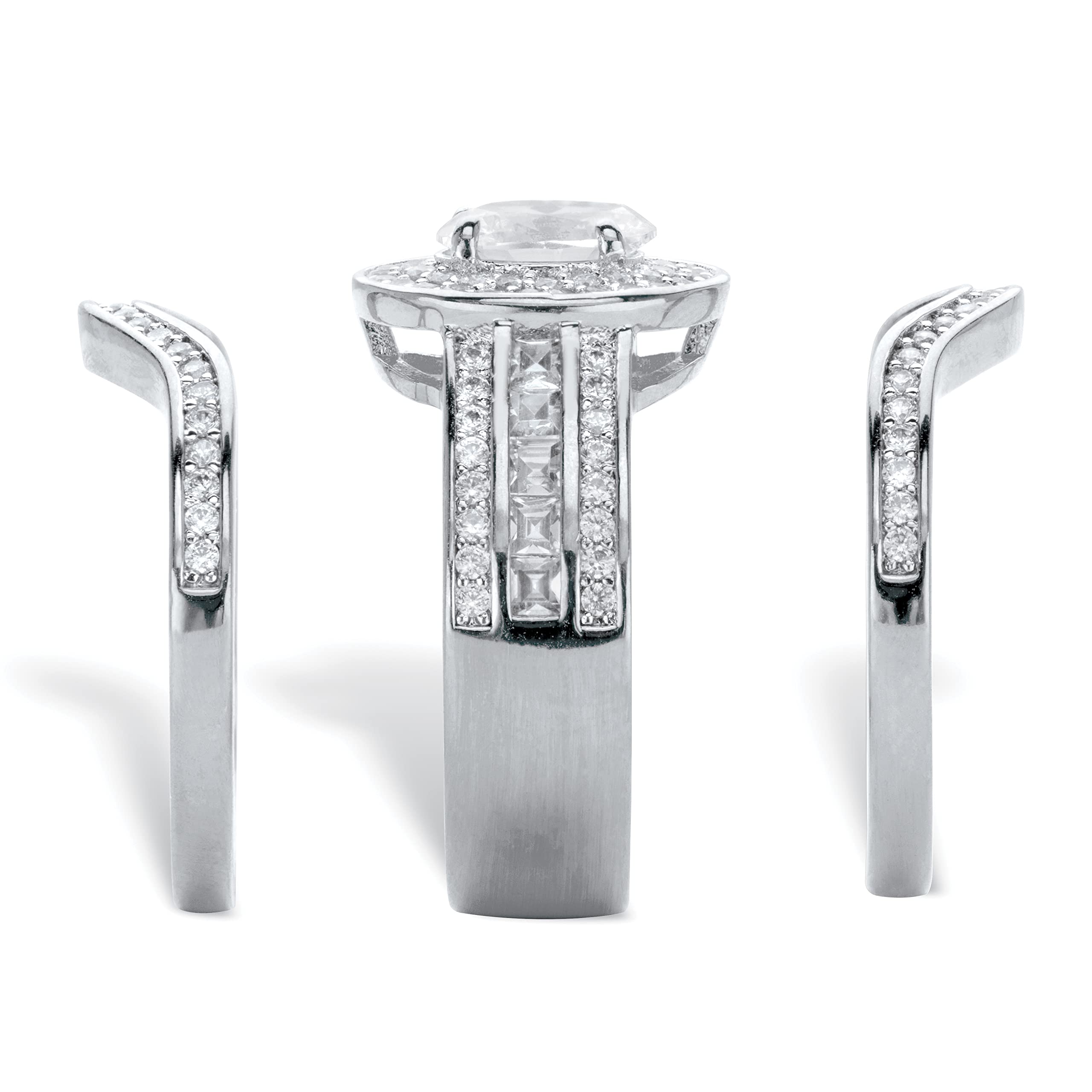 PalmBeach Jewelry 14K Yellow Gold or Platinum Plated Oval Cut Cubic Zirconia Double Halo Scalloped Bridal Ring Set Size 10