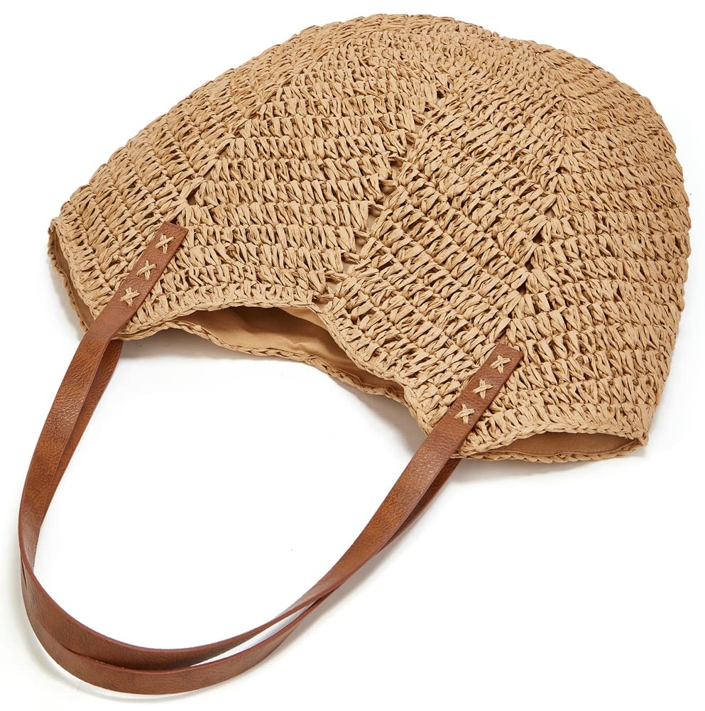 Summer Casual Straw Tote Bag Large Capacity Woven Shoulder Handbag for Summer Beach Vocation (A-Khaki)