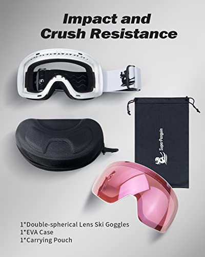 Super Penguin Ski Goggles Magnetic Lens & Replacement Lens, Double Spherical OTG Design Snow Goggles Anti-fog UV Protection